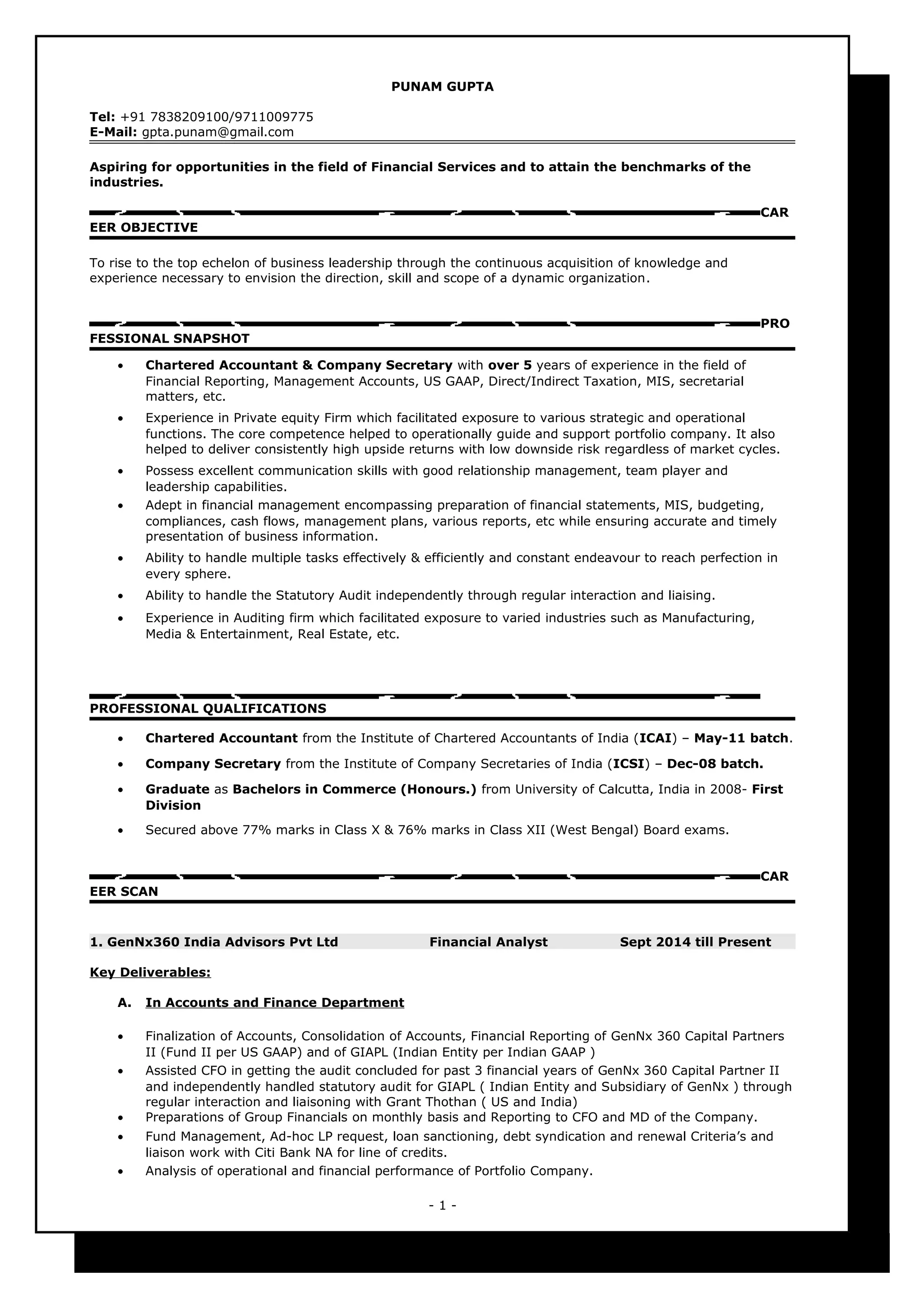 CV Punam Gupta | DOC | Business Accounting & Finance | Business