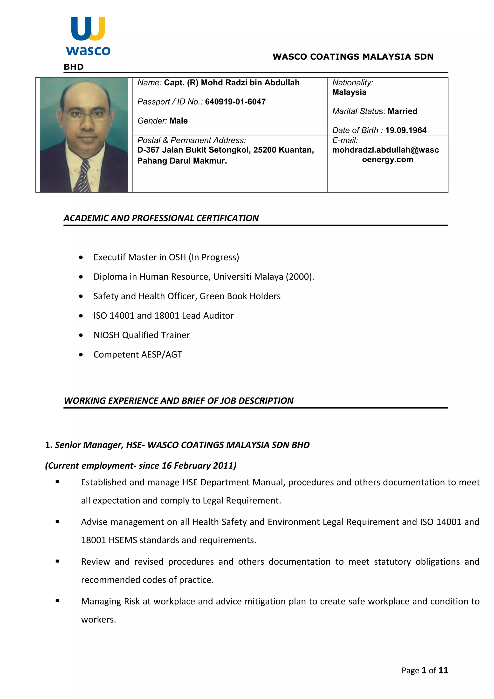 CV_Senior Manager HSE (Safety and Health Officer) | DOC