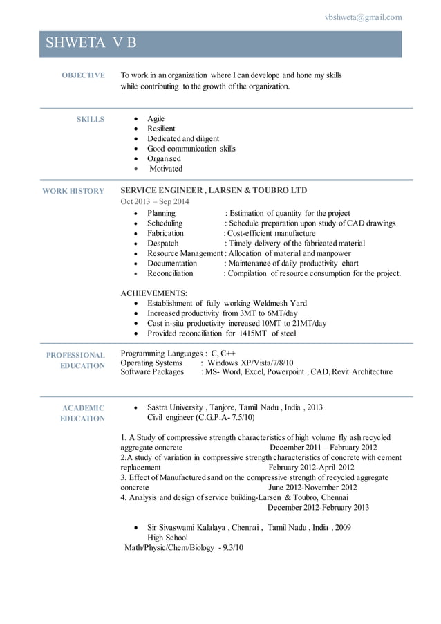 Resume Shweta VB | DOCX | Civil Engineering Industry | Industries