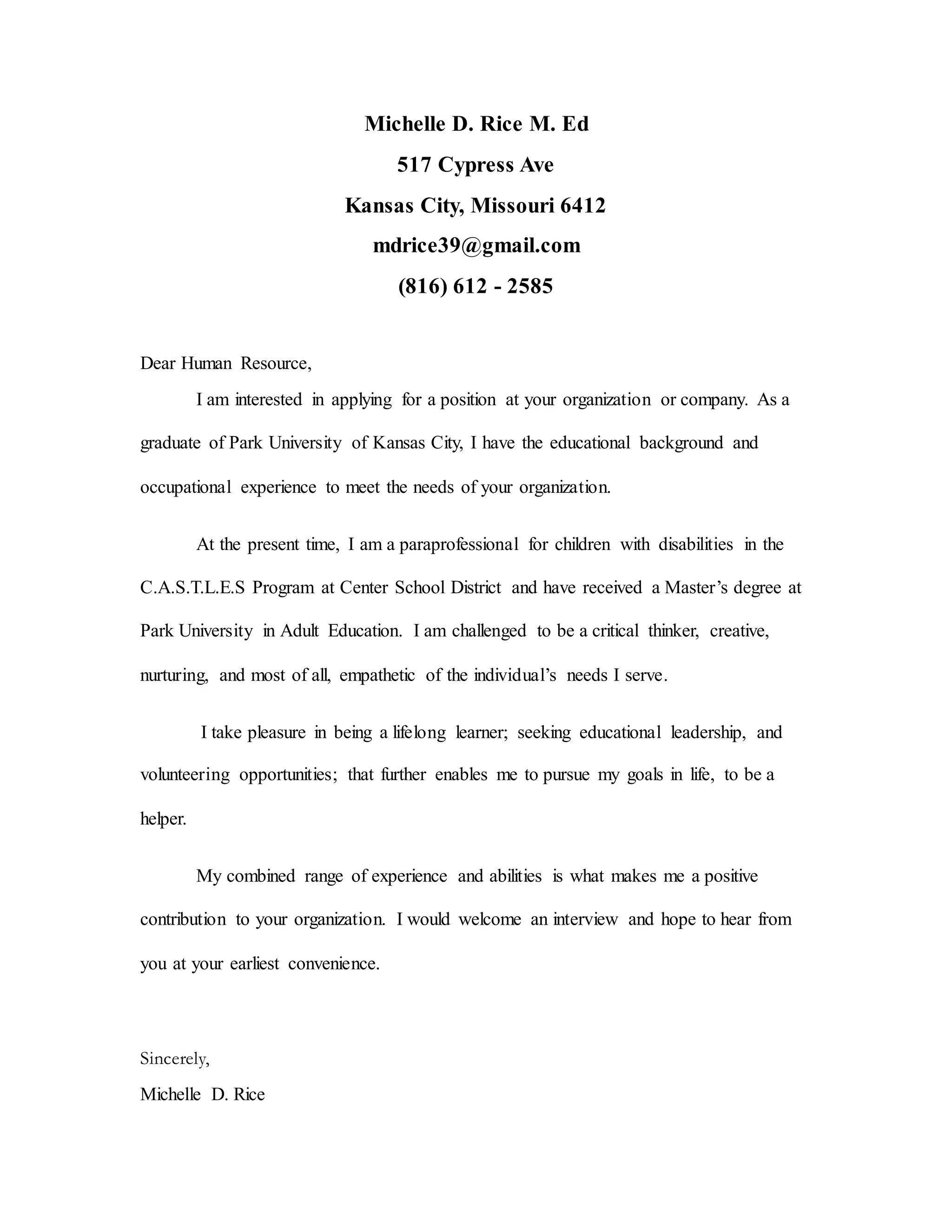 Michelle Rice Resume and Coverletter | DOCX