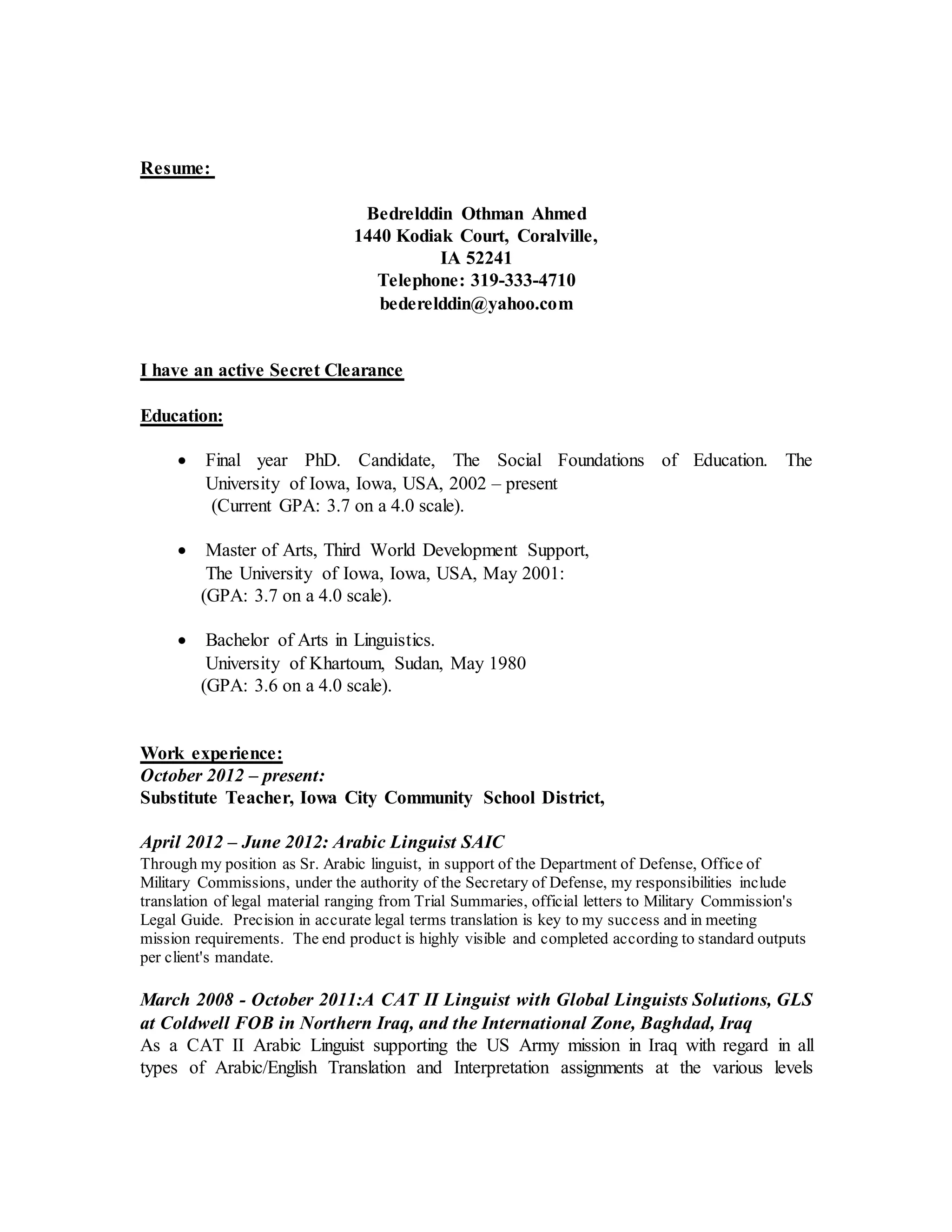 Bederelddin Ahmed corrected CV | DOCX