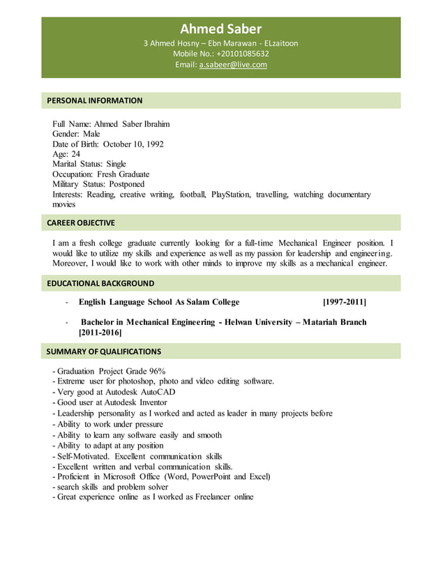 Ahmed Saber Mechanical Engineer Resume | DOCX