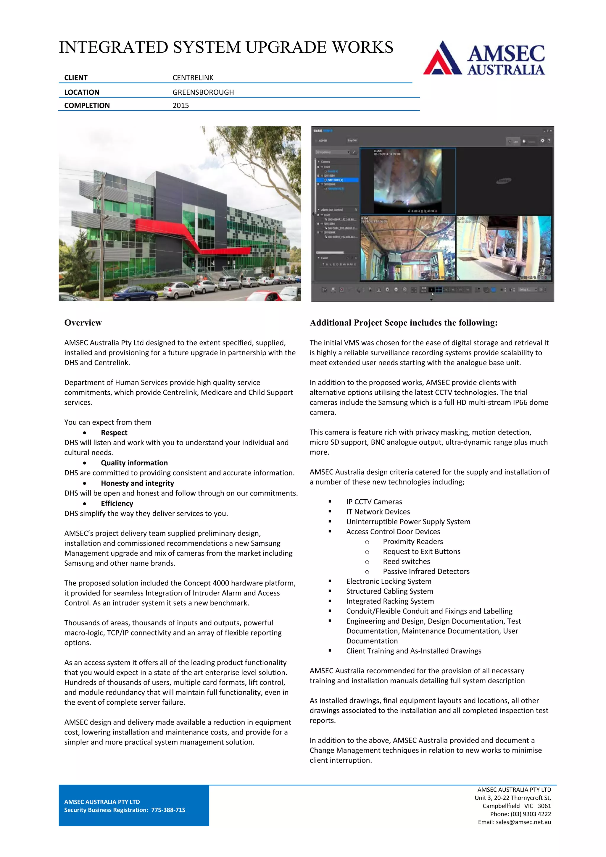 AMSEC Centrelink Greensborough Data Sheet | PDF