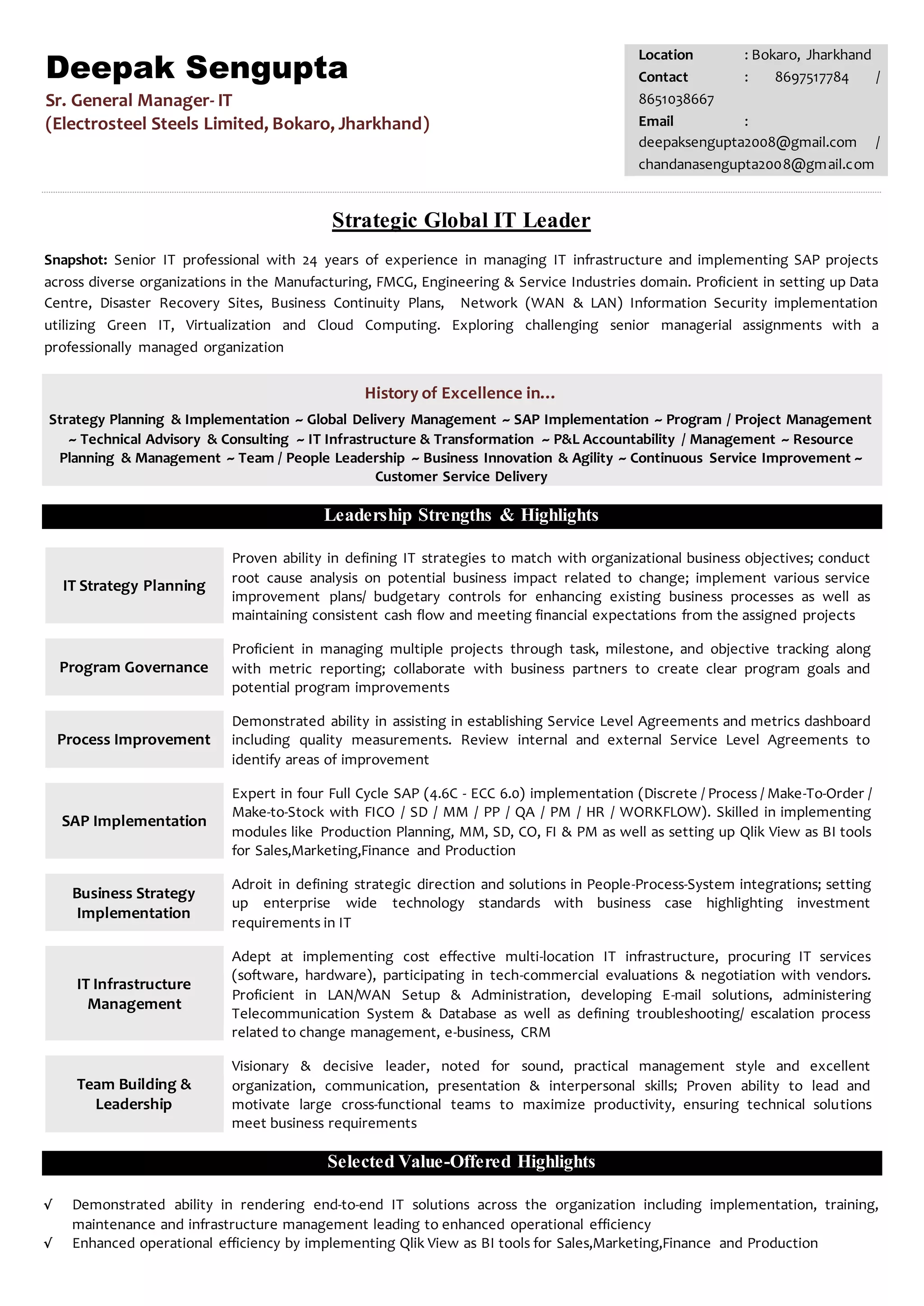 Resume - Deepak Sengupta ver1.2 | DOCX | IT and Internet Support | Internet