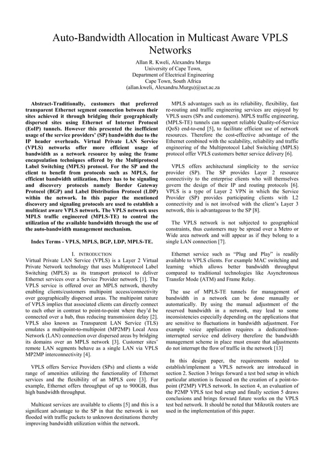 Auto-Bandwidth Allocation in Multicast Aware VPLS Netowrks | PDF