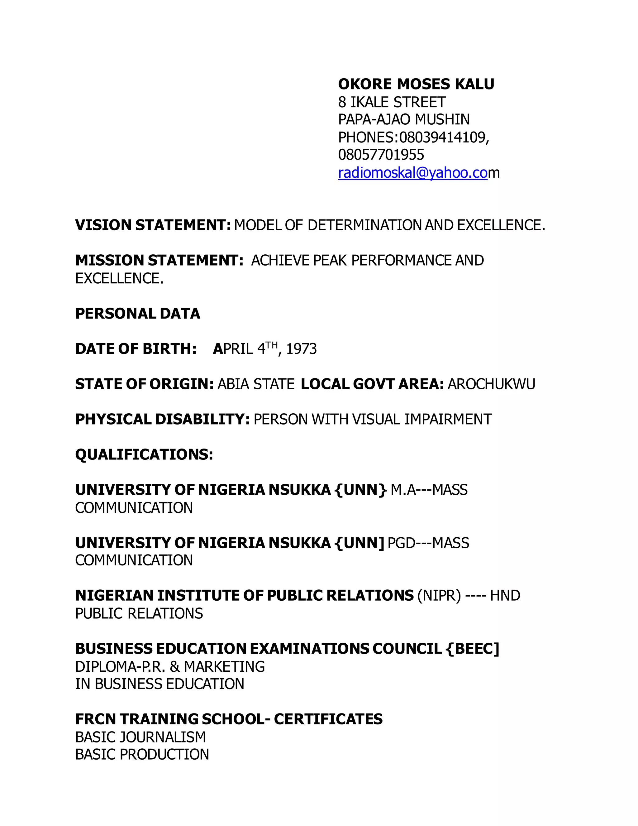 MOSES KALU CV | PDF