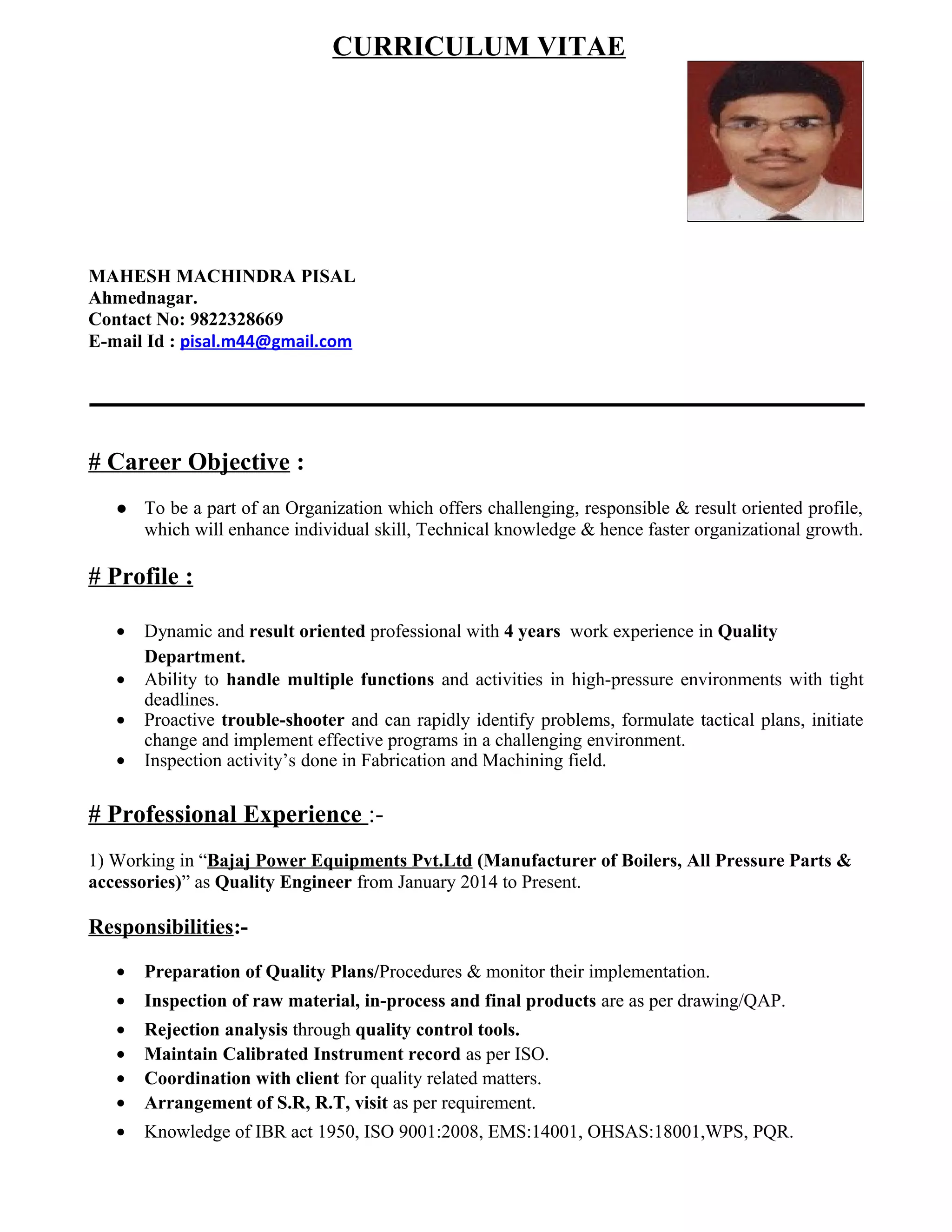 MAHESH PISAL RESUME- | DOC | Manufacturing Industry | Industries