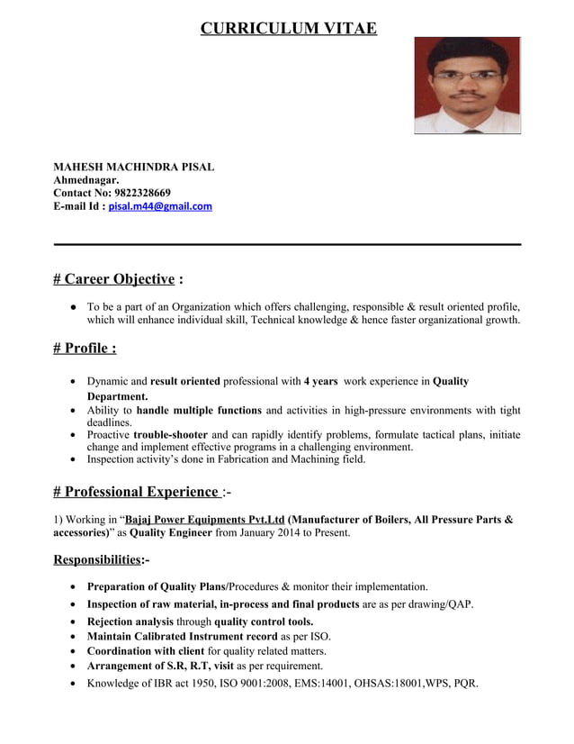 MAHESH PISAL RESUME- | DOC | Manufacturing Industry | Industries