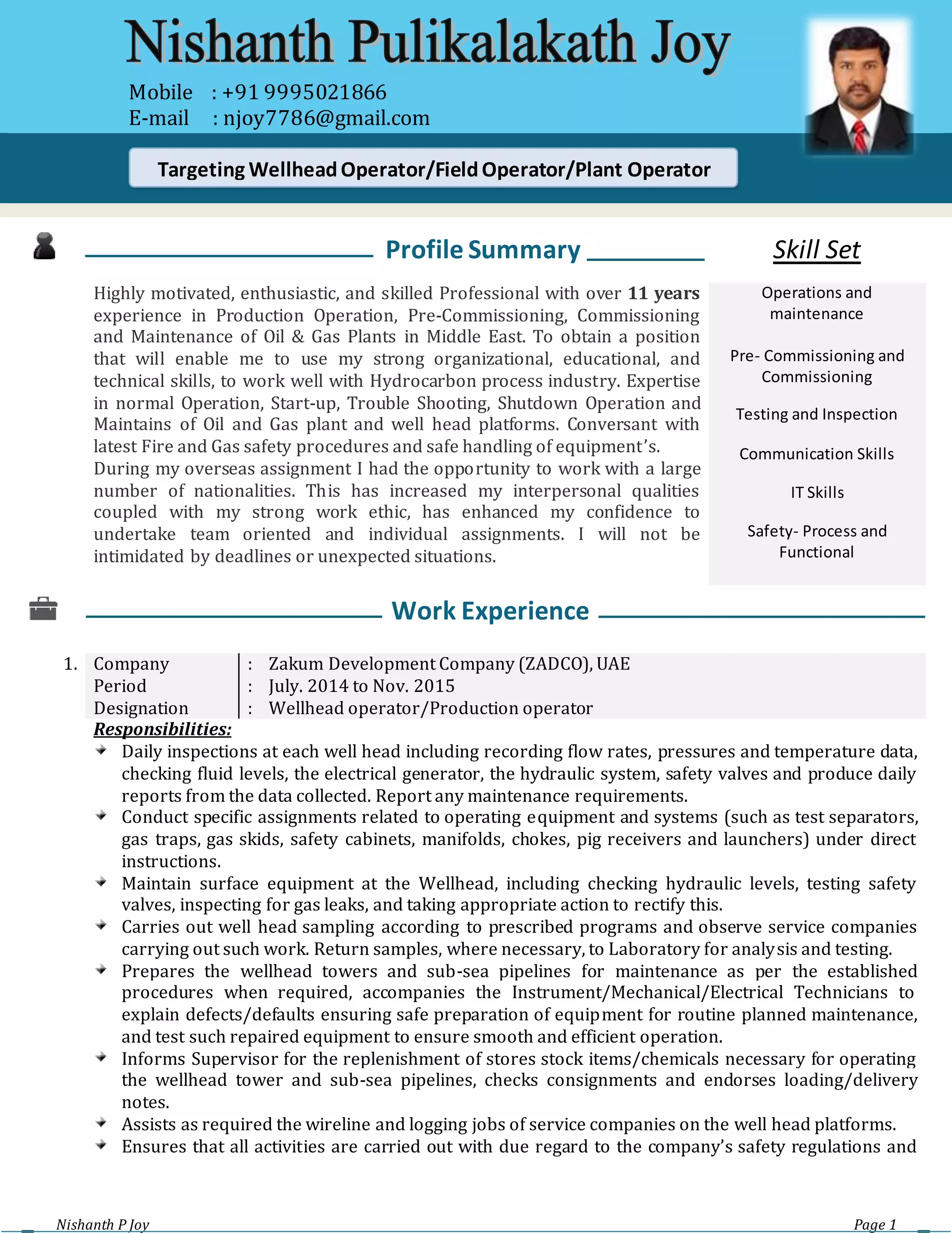CV Oil and Gas Field Operator Nishanth P Joy | DOCX