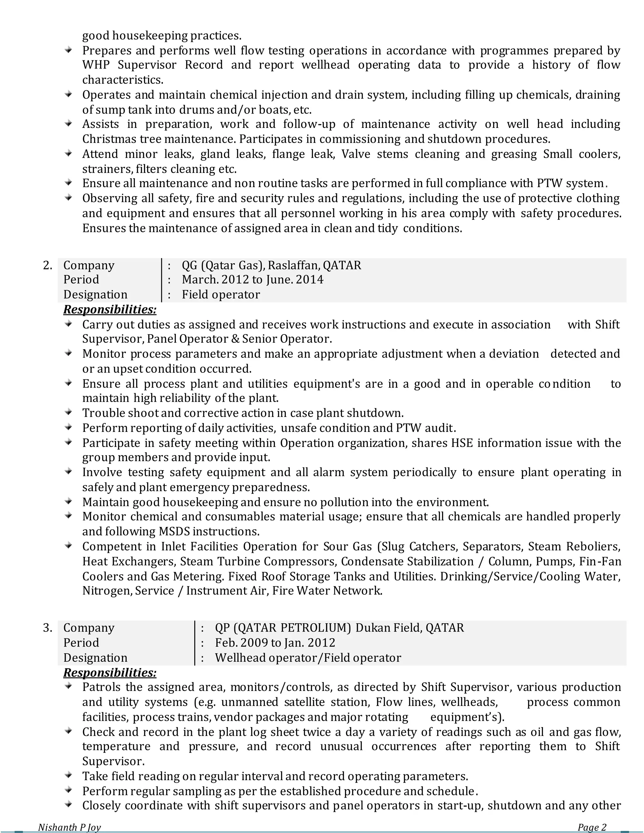 CV Oil and Gas Field Operator Nishanth P Joy | DOCX