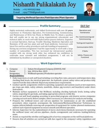 CV Oil and Gas Field Operator Nishanth P Joy | DOCX