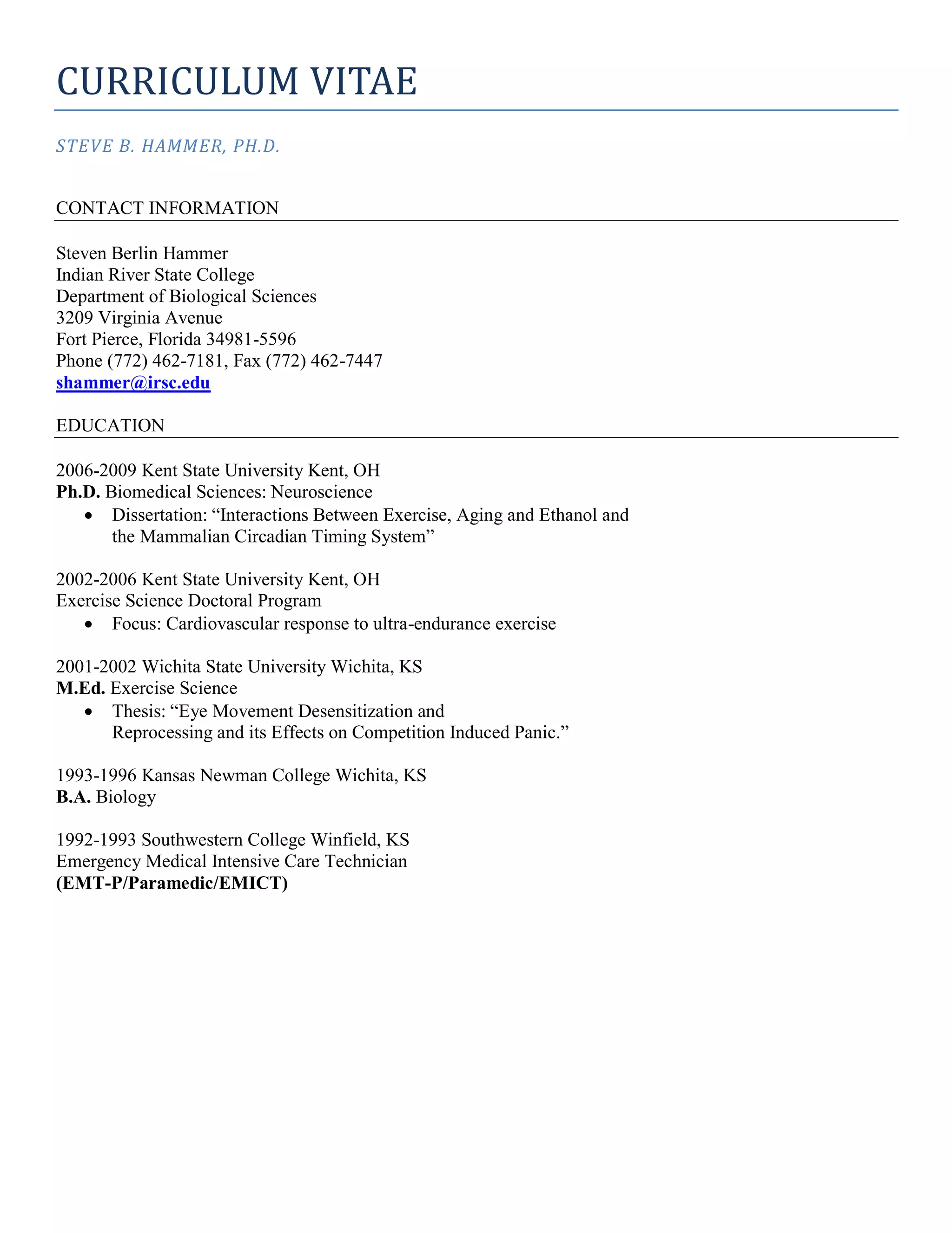 Steve Hammer CURRICULUM VITAE 2015 | PDF