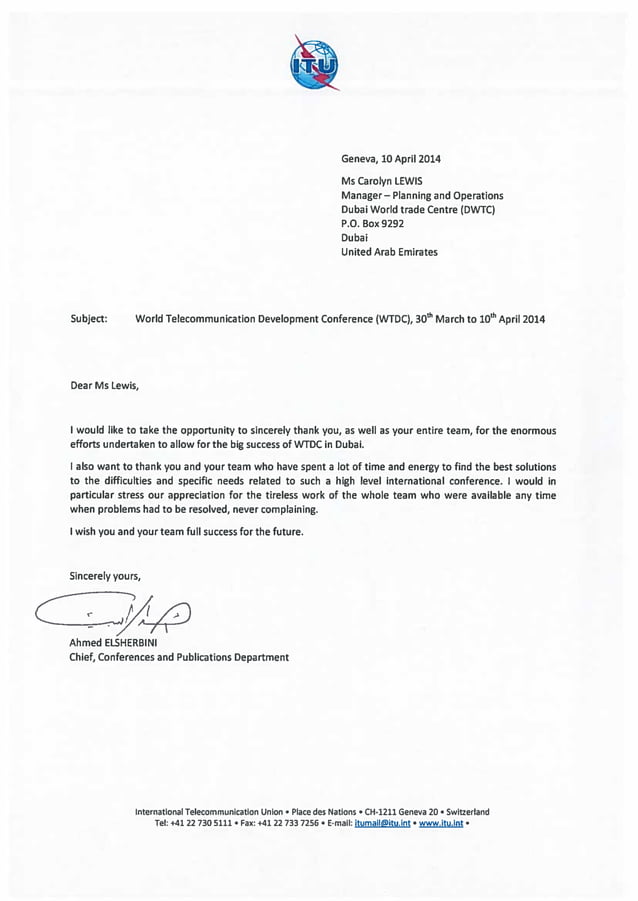 International Telecommunication Union - Letter of Thanks | PDF