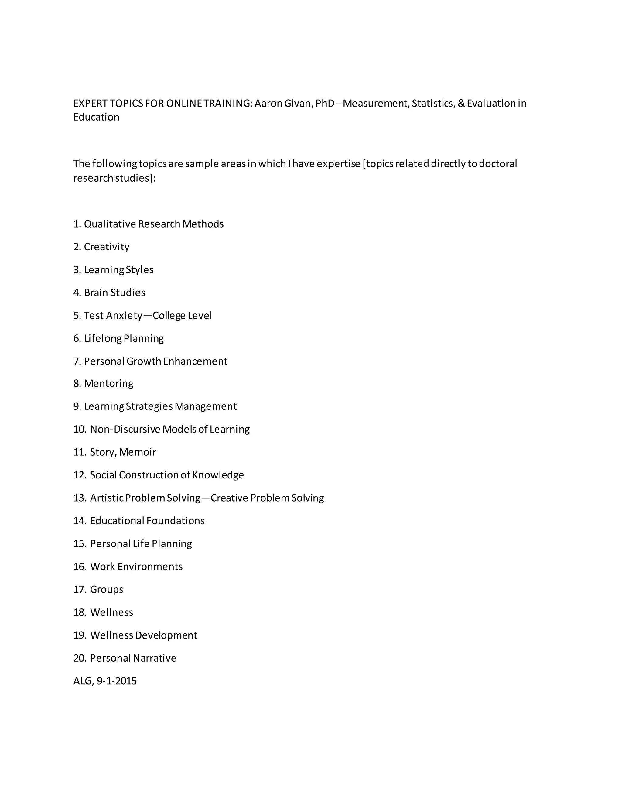 EXPERT TOPICS FOR ONLINE TRAINING ALG 9-1-15 | PDF