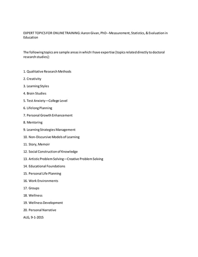 EXPERT TOPICS FOR ONLINE TRAINING ALG 9-1-15 | DOCX