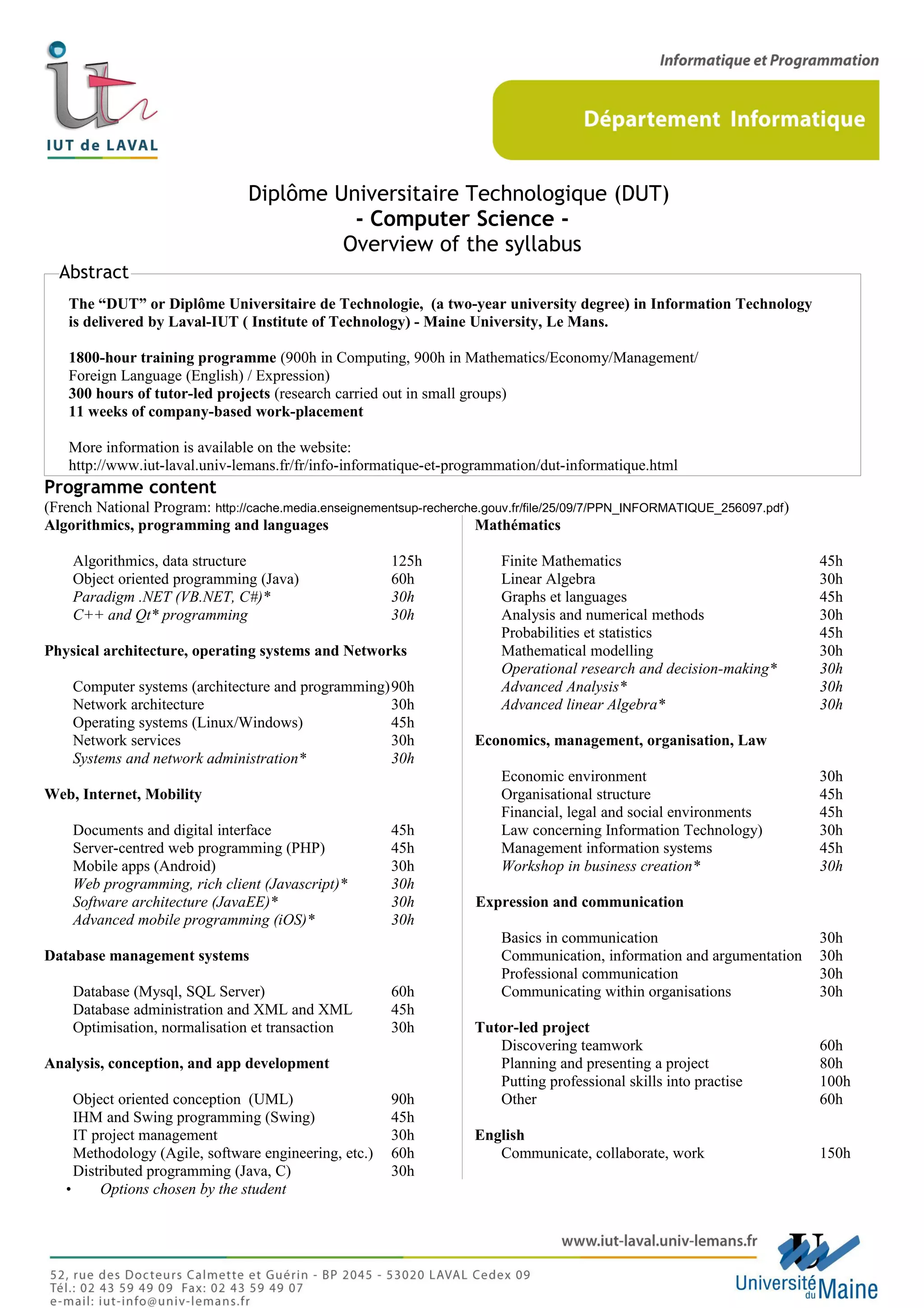 Overview of the syllabus DUT 2015-2016 | PDF