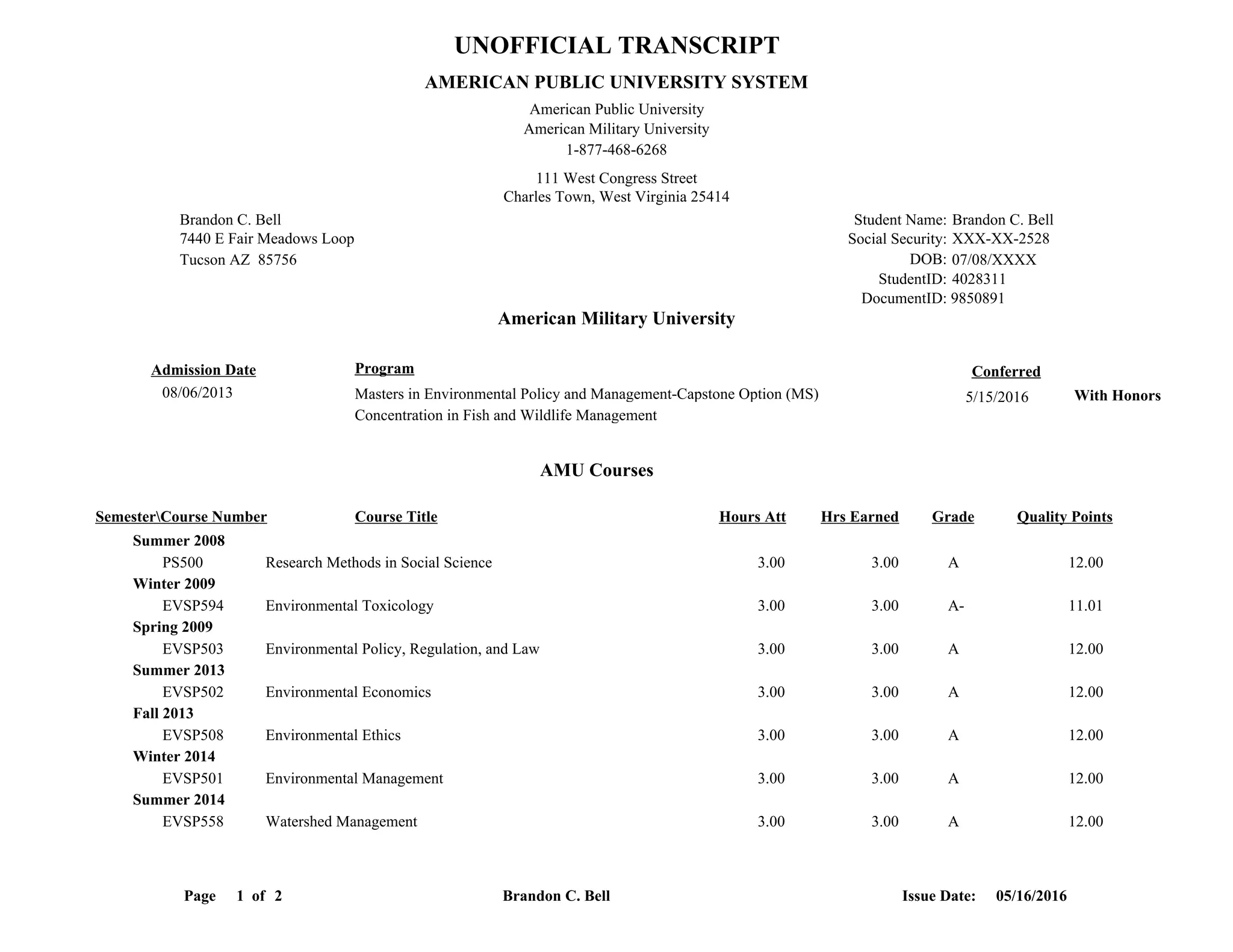 AMU Final Unofficial Transcript | PDF