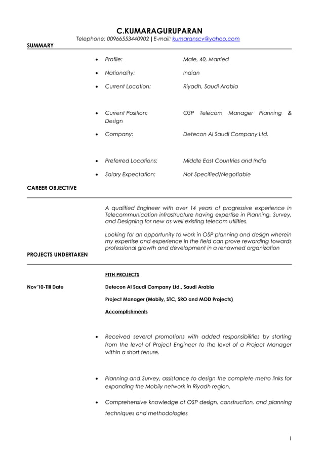 CV For OSP Planning & Design-Kumaran | PDF