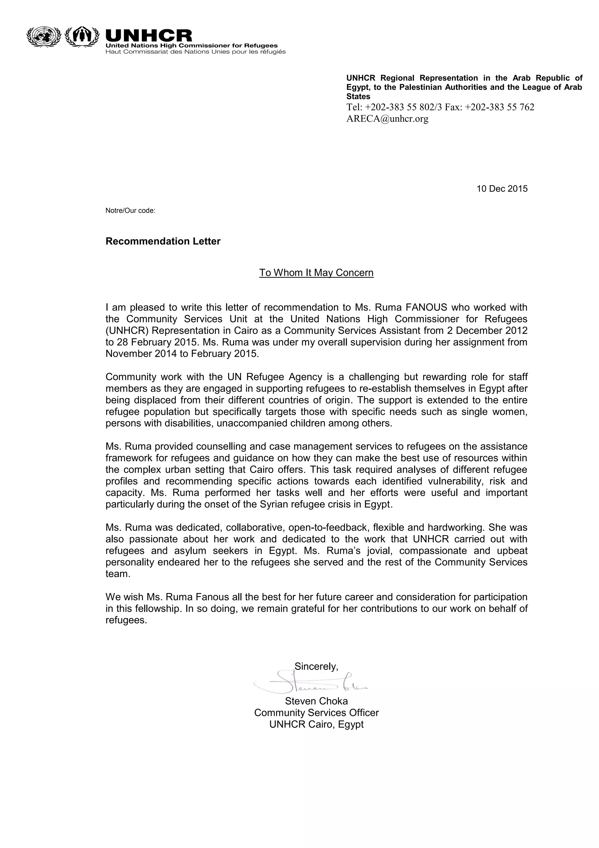 recomendation letter from UNHCR | PDF