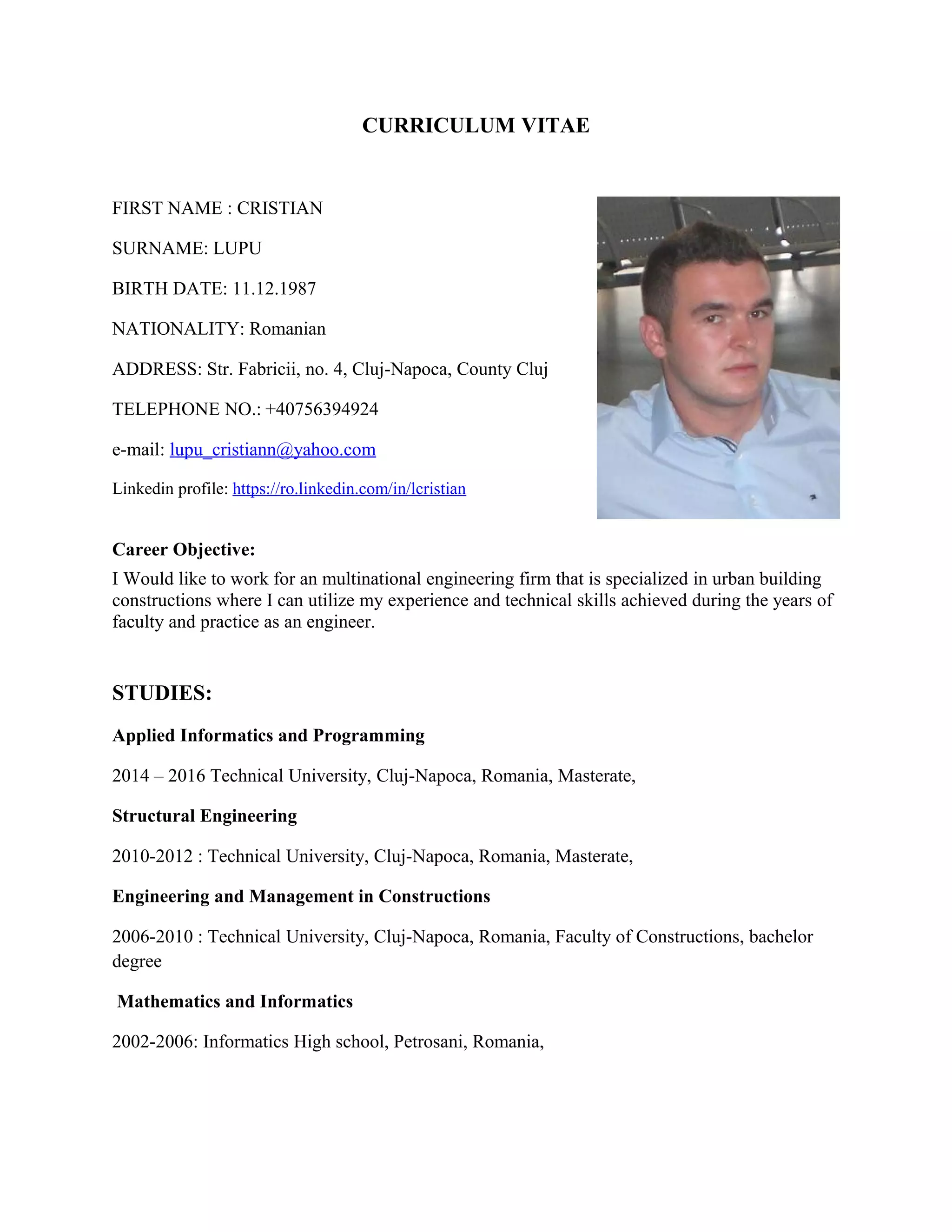 cv eng lupu cristian | DOC | Civil Engineering Industry | Industries