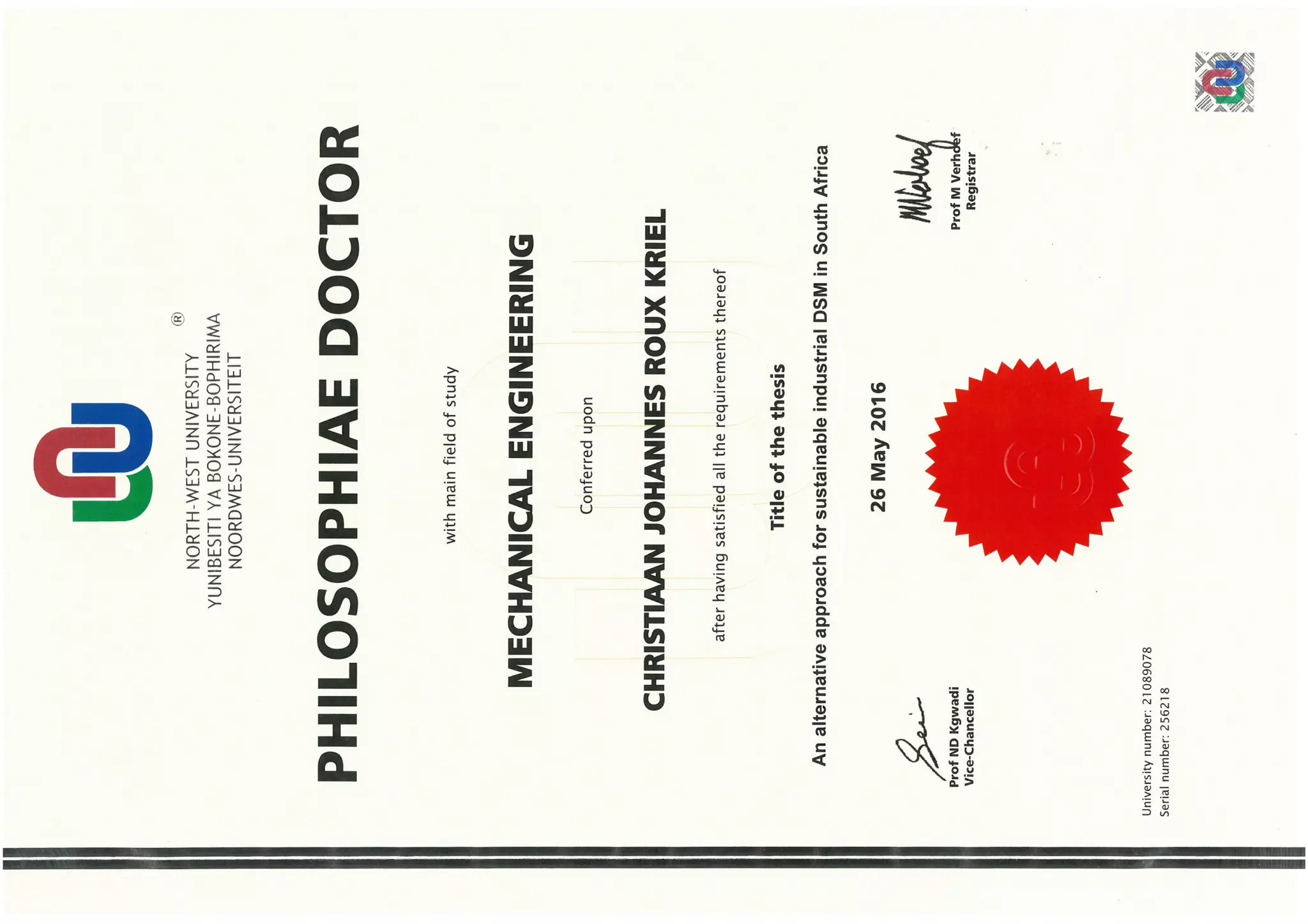 PhD certificate_CJR Kriel | PPT