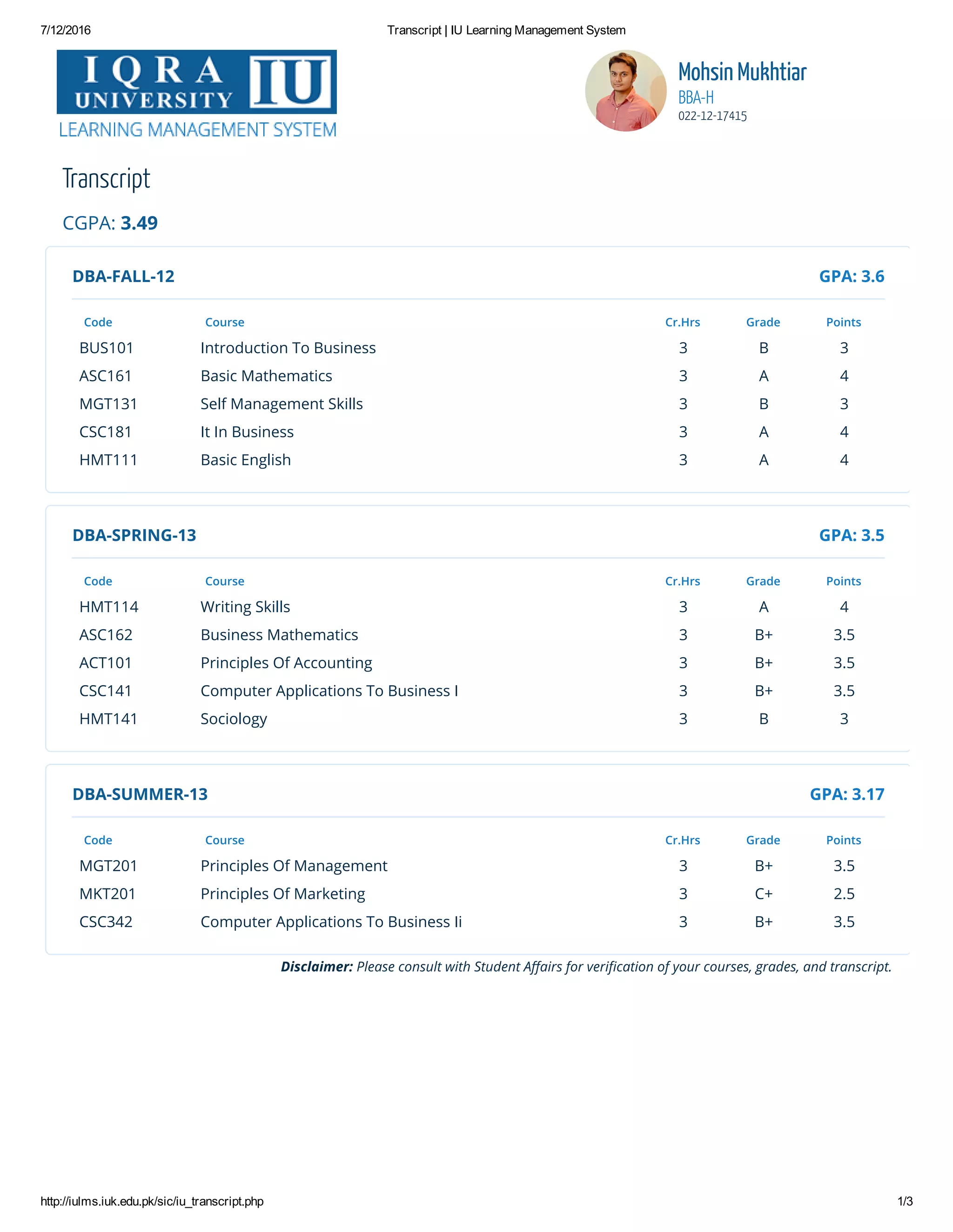 Transcript - IU Learning Management System | PDF | Undergraduate ...