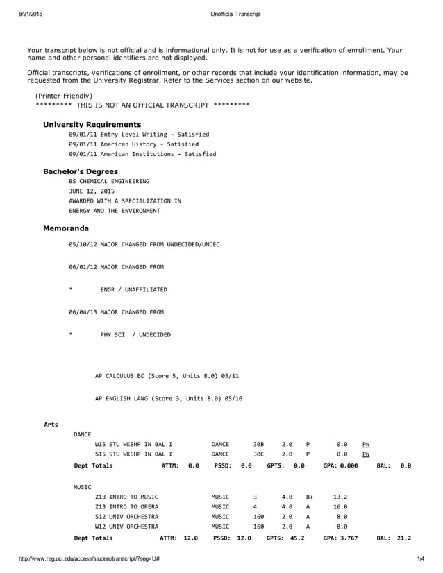 Nicholas Chang Unofficial Transcript | PDF | Undergraduate Education ...