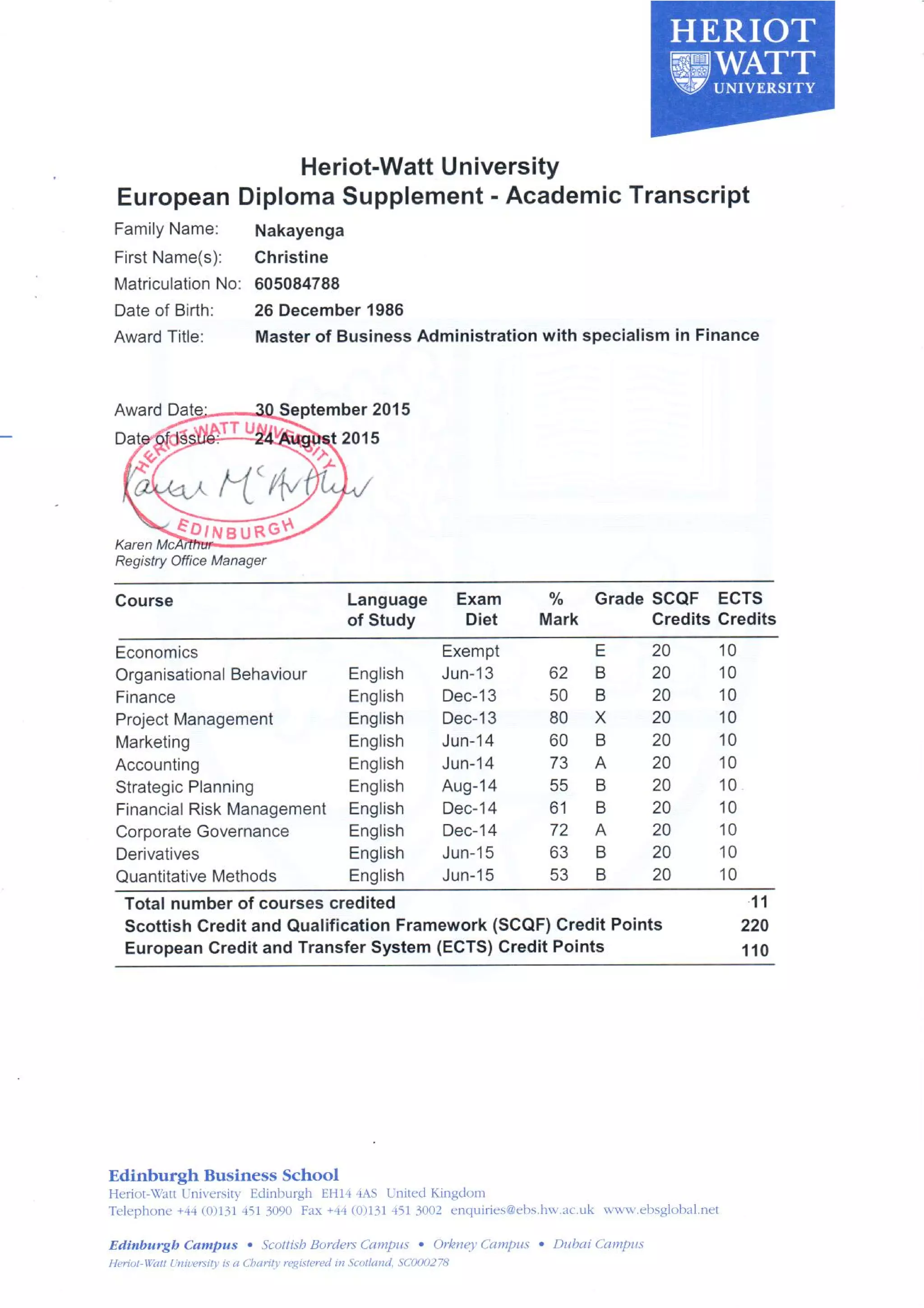MBA Transcript | PDF