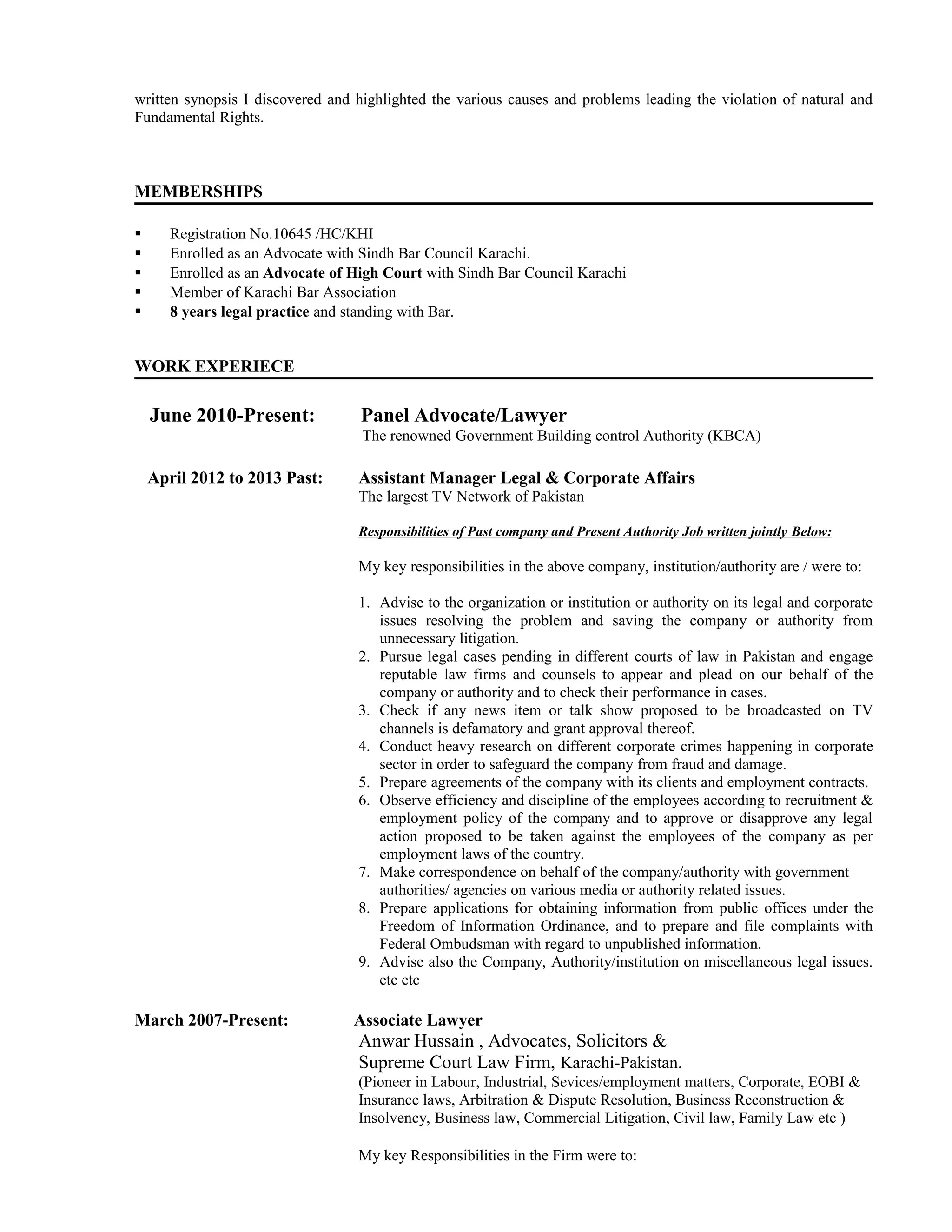Lawyer CV (Advocate Ayaz Ali) | DOC