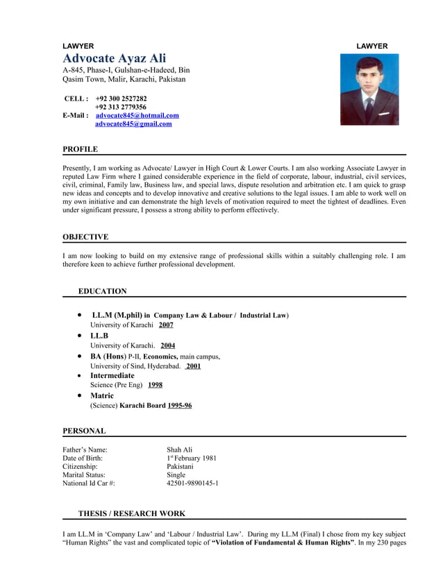 Lawyer CV (Advocate Ayaz Ali) | DOC | Legal Services Industry | Industries