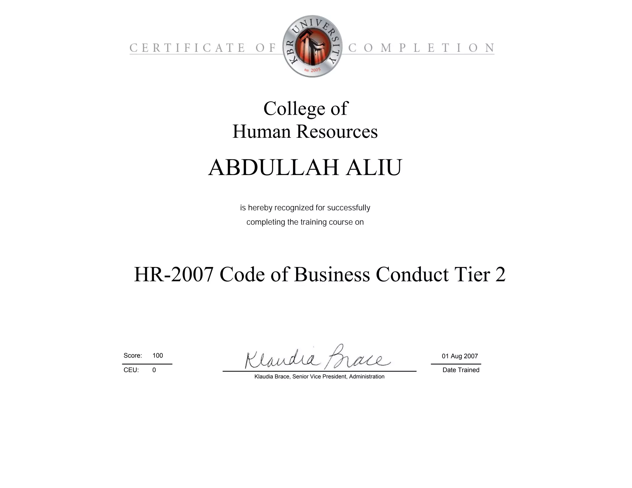 Certificate - Code of Business Condact Tier 2 | PPT