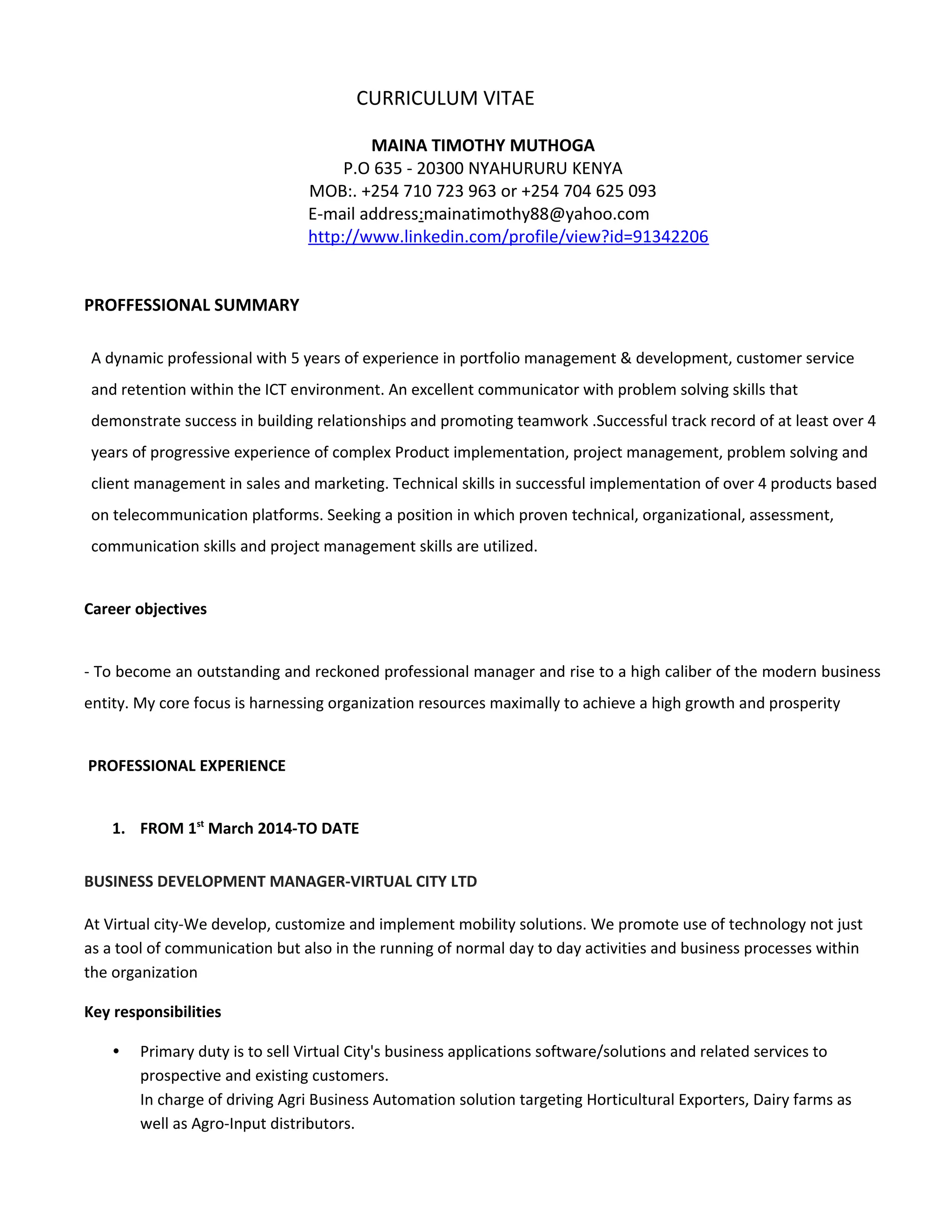 TIMOTHY MAINA'S C V 2016 | DOC