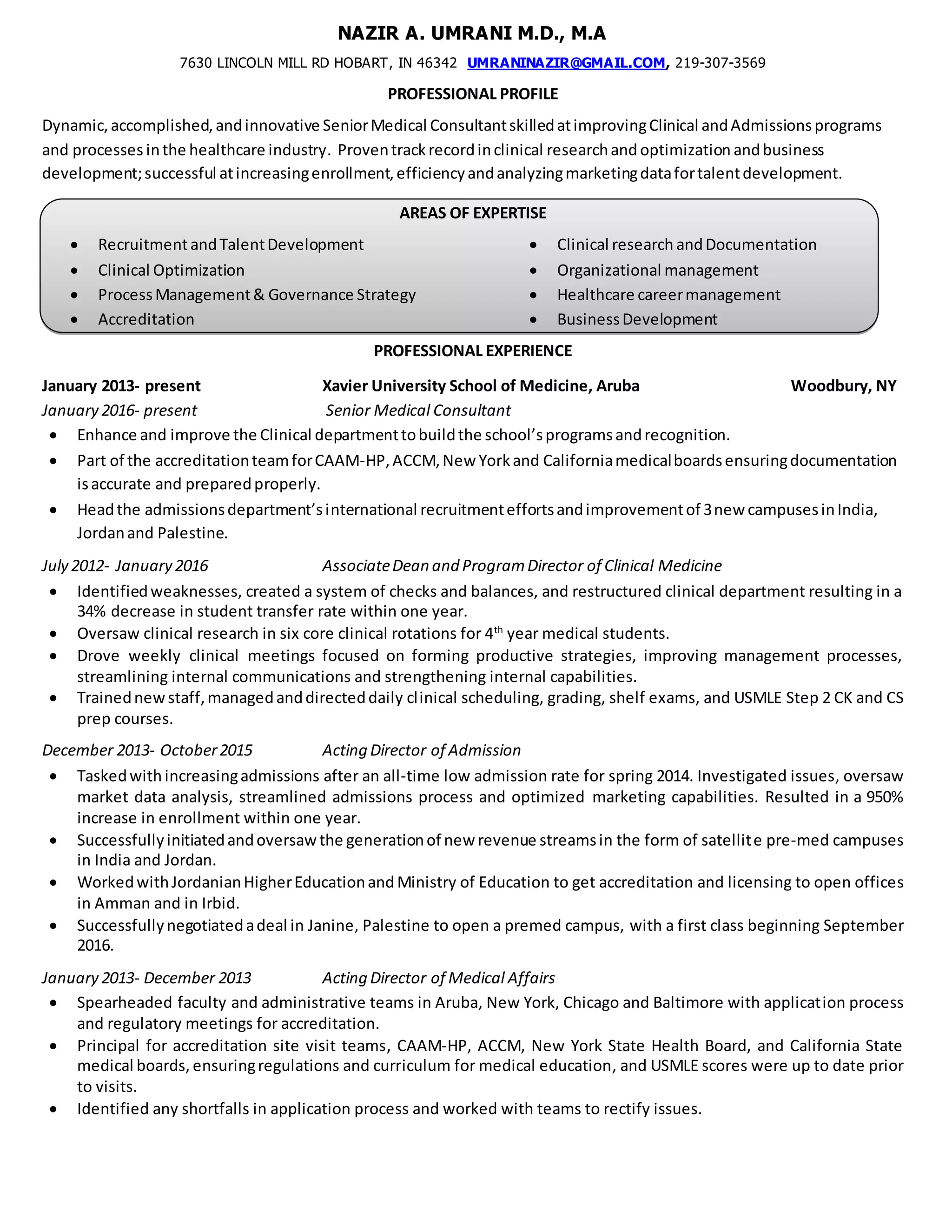 Nazir Umrani, MD Resume June 2016 | DOCX
