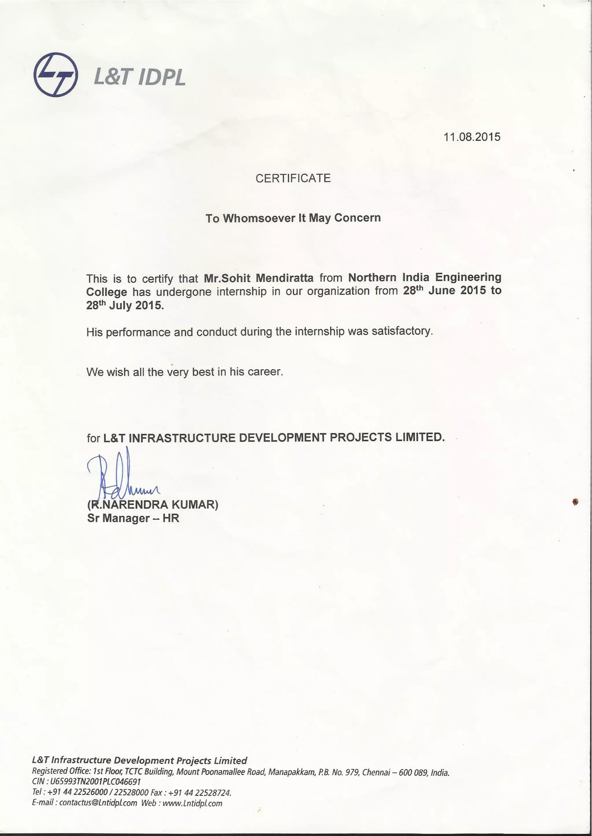 L&T Training Certificate | PDF