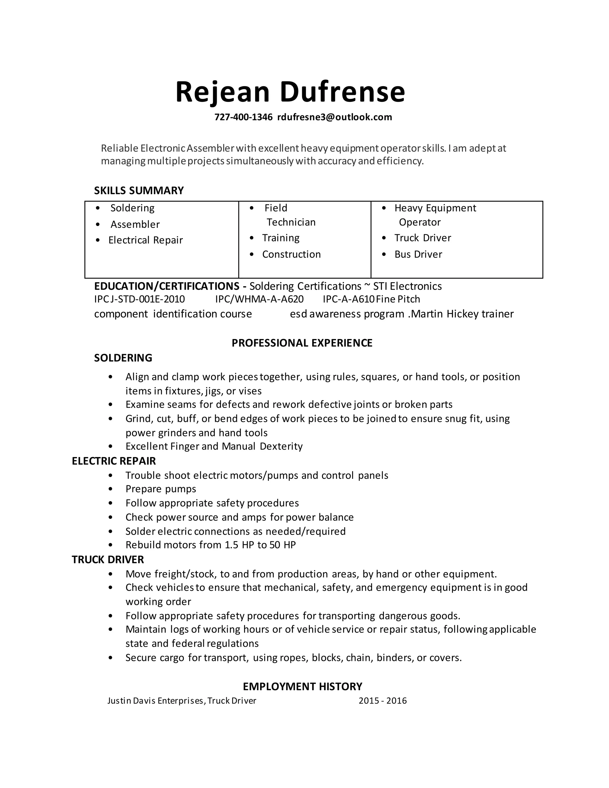 Rejean Dufresne Soldering Resume 2016 | DOCX