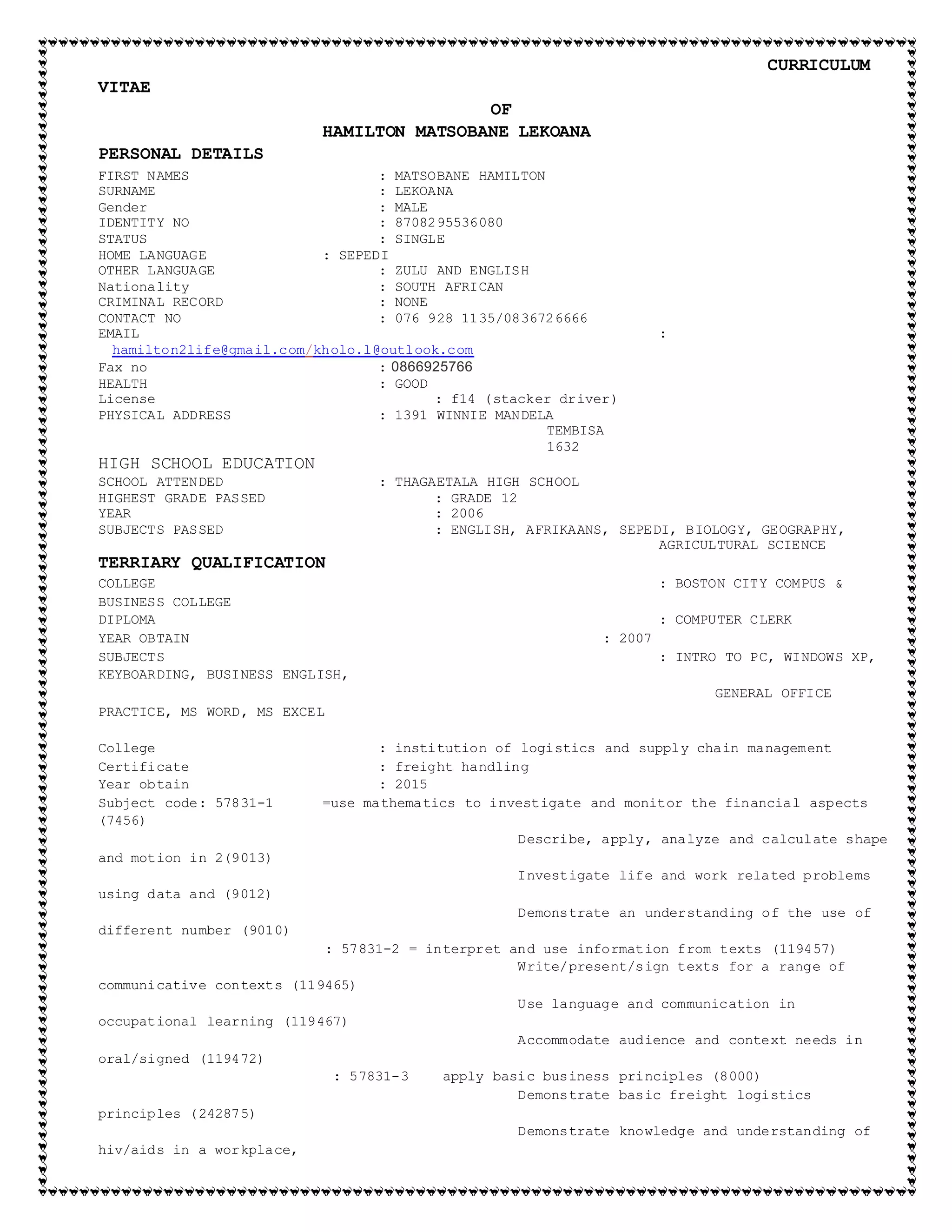 CURRICULUM VITAE OF HAMILTON 2 | DOCX