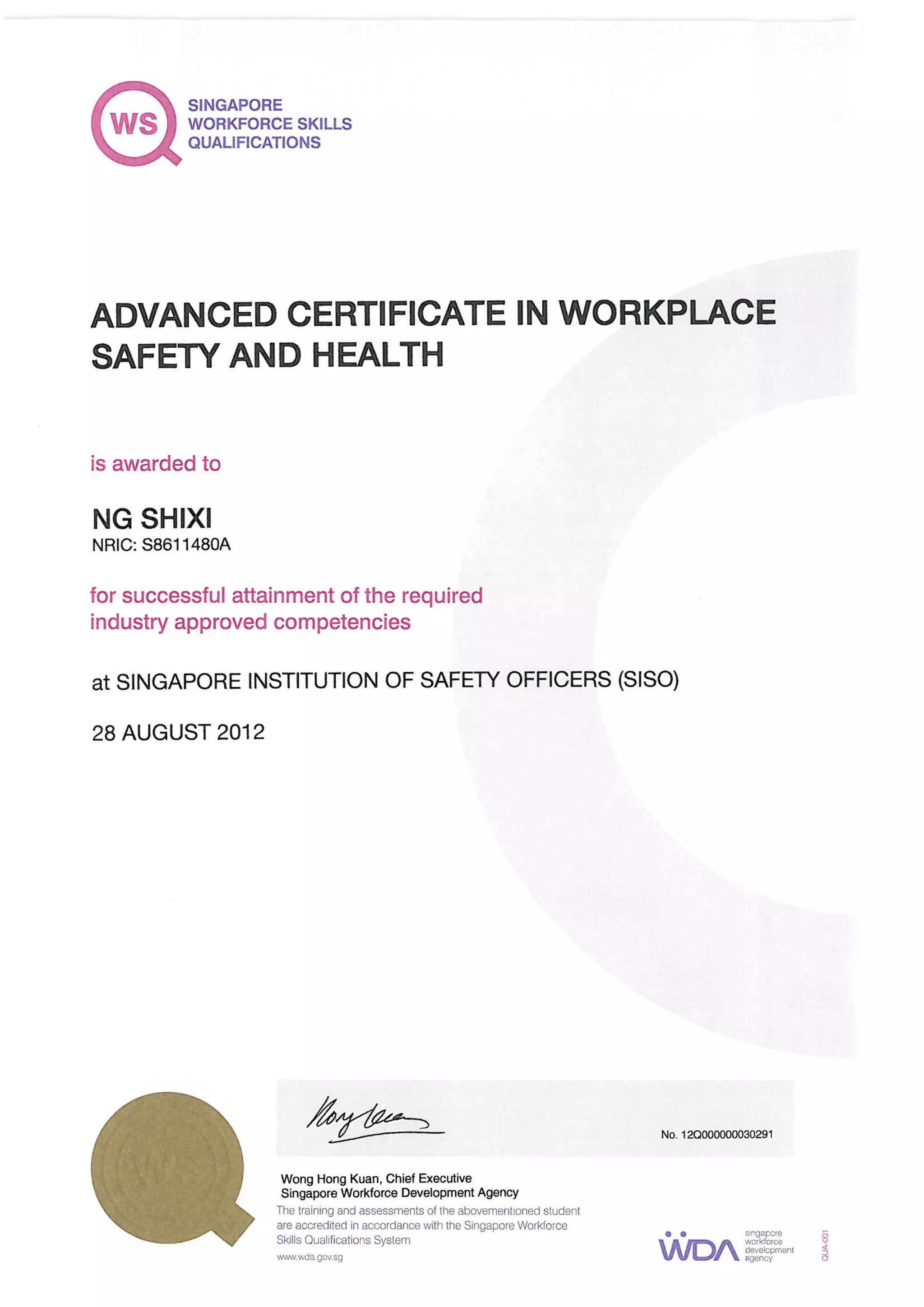 Steve Ng - Advance Cert in Workplace Safety | PDF