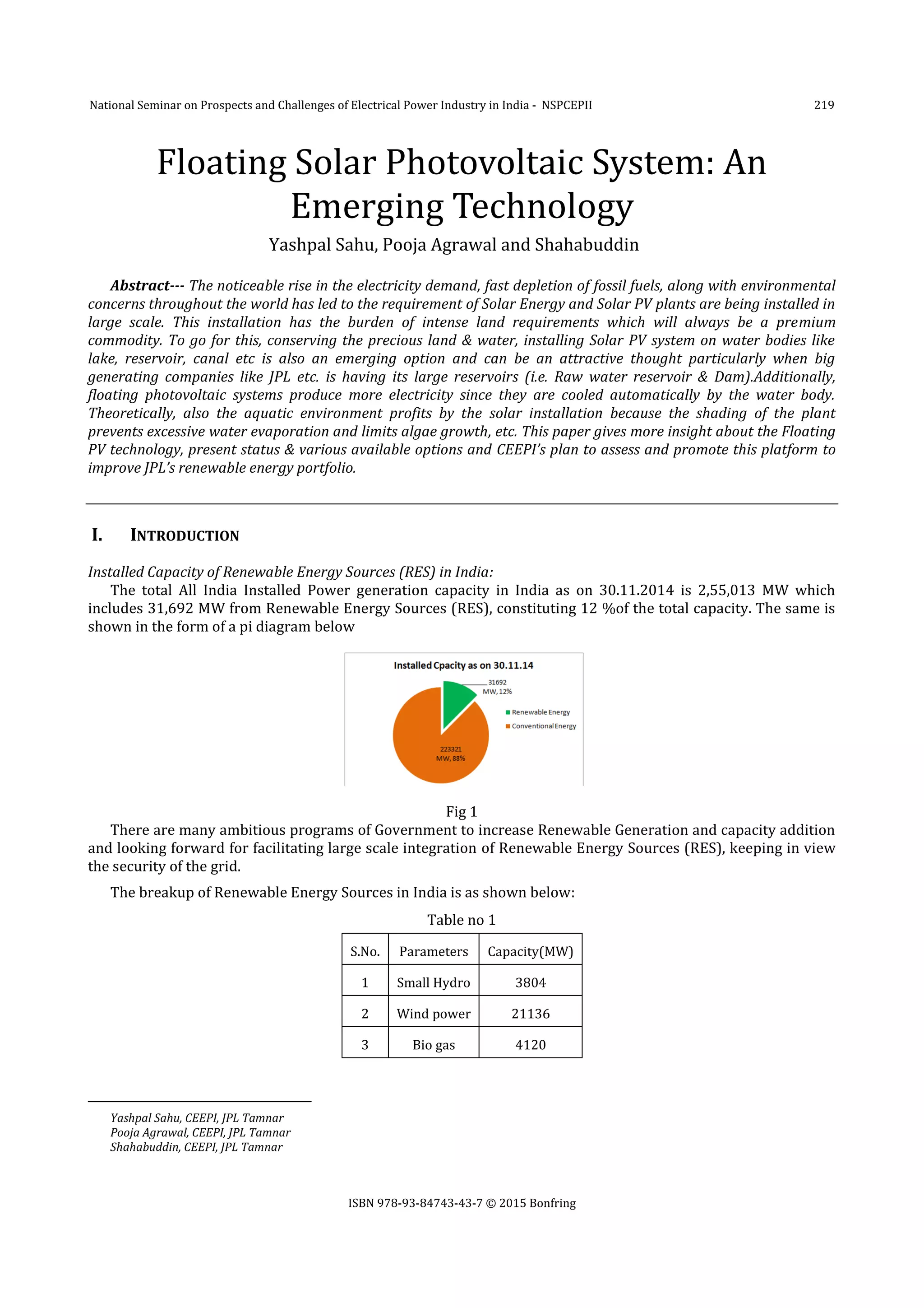 Floating Solar Photovoltaic system An Emerging Technology | PDF