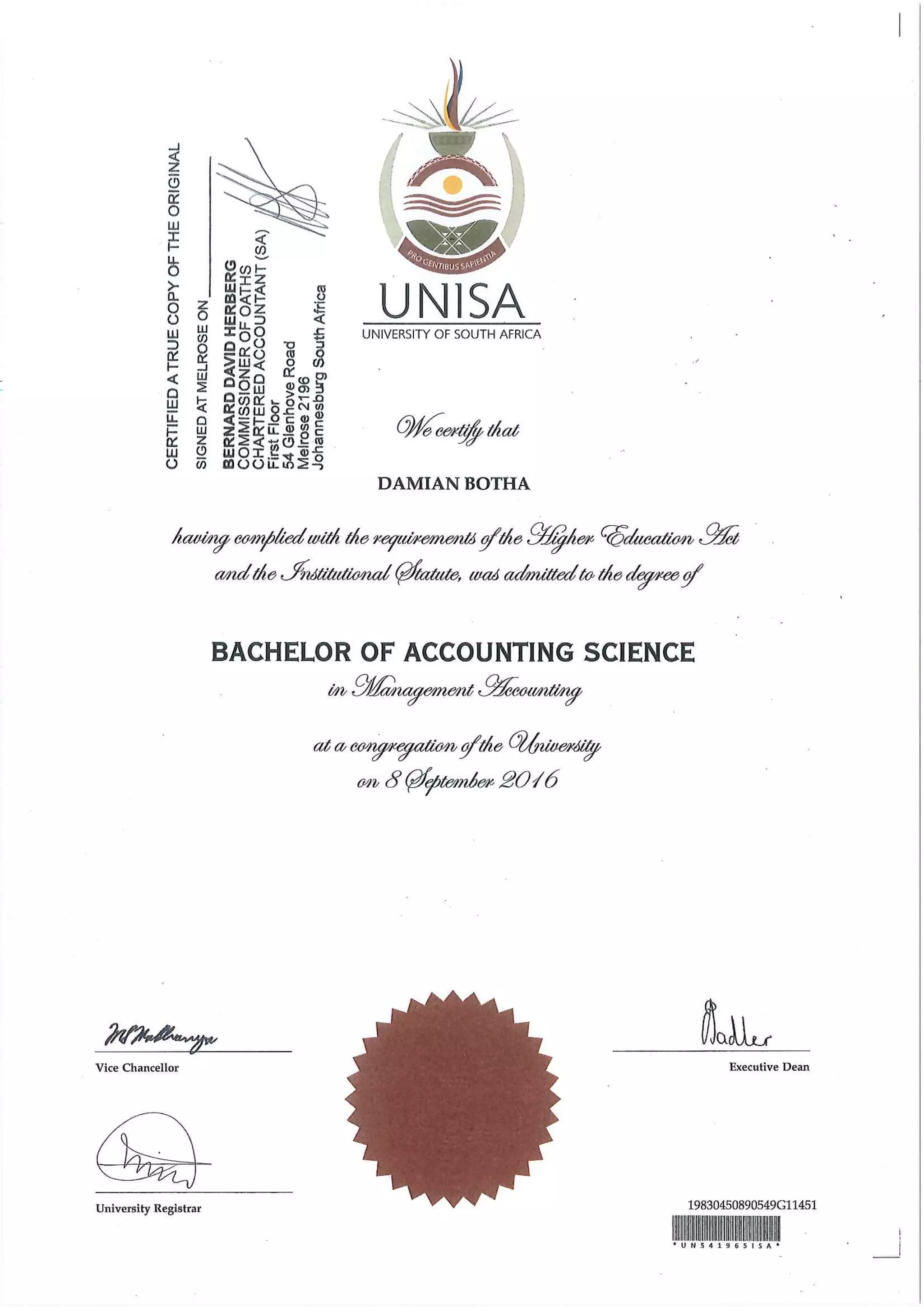 Damian Botha - UNISA degree | PDF