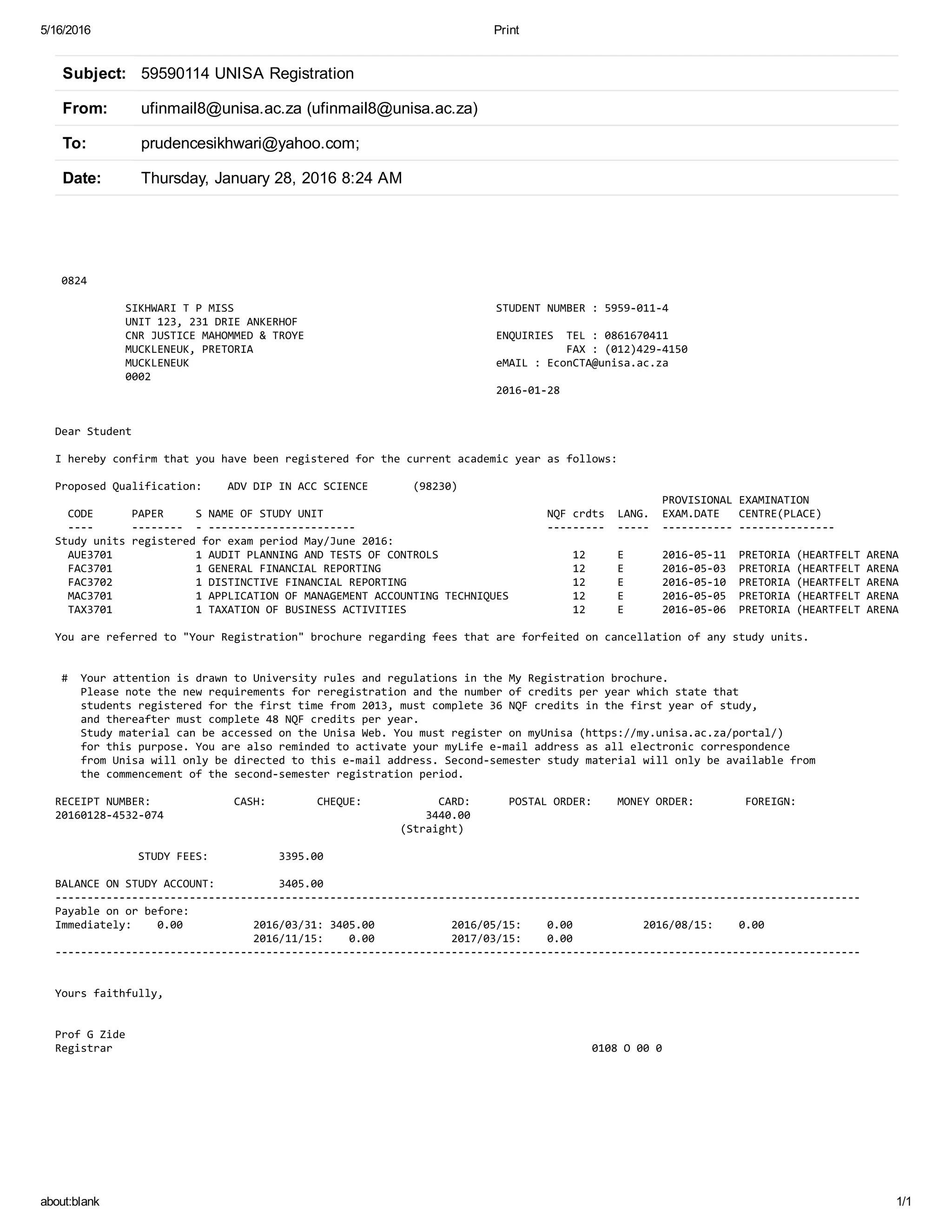 Proof of registration - Semester 1 2016 | PDF