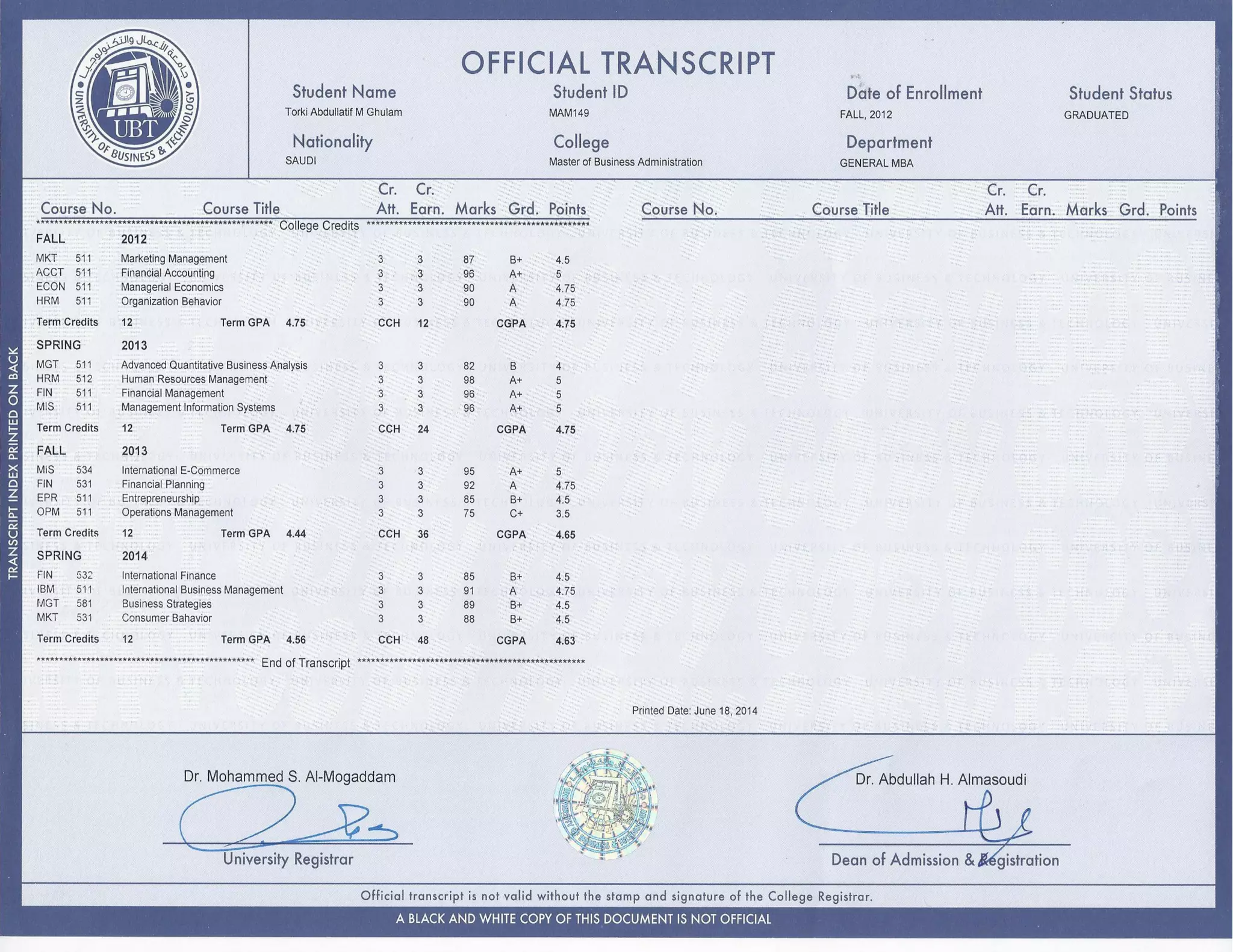Masters transcript | PDF