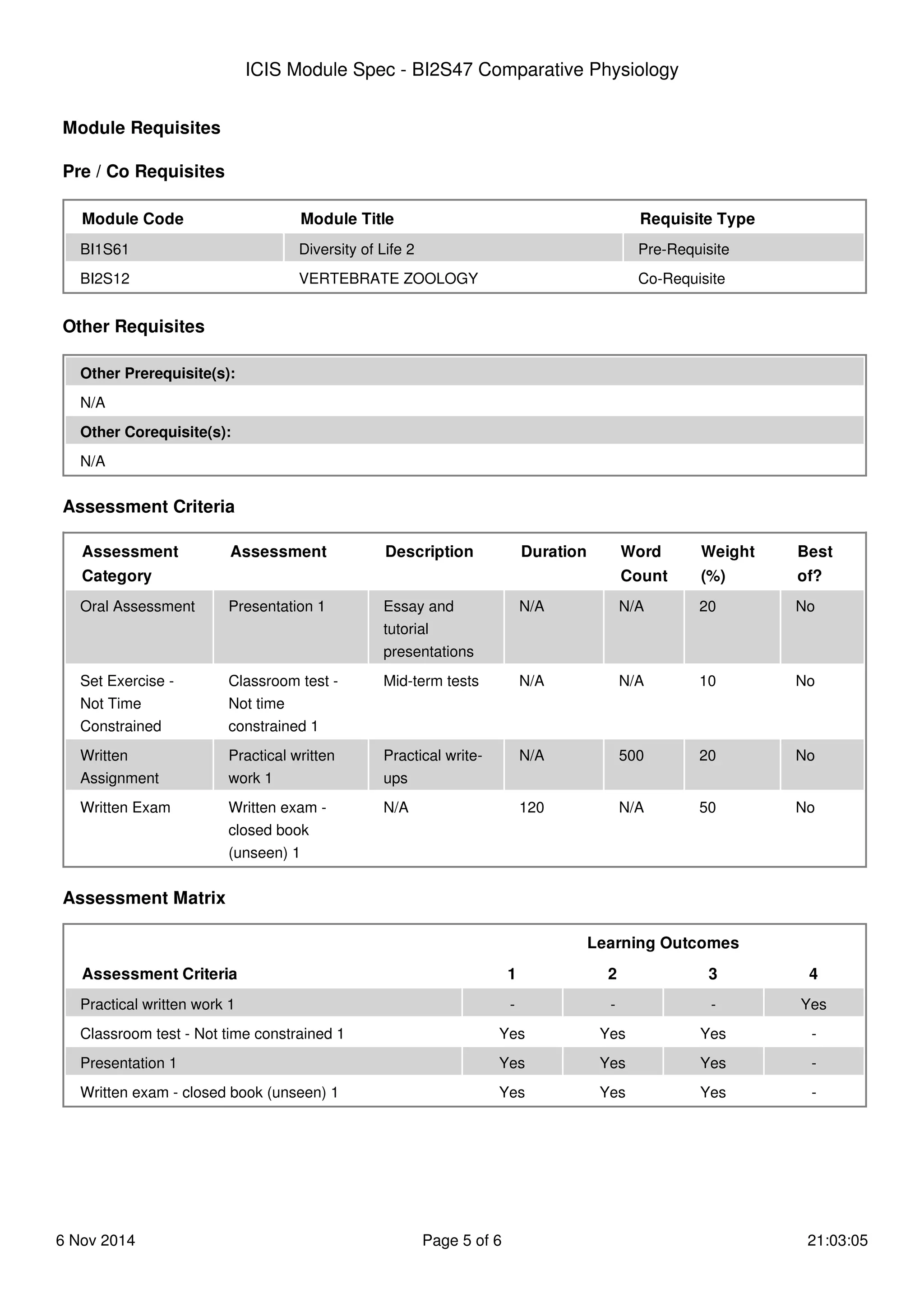 ICIS Module Spec - BI2S47 Comparative Physiology | PDF