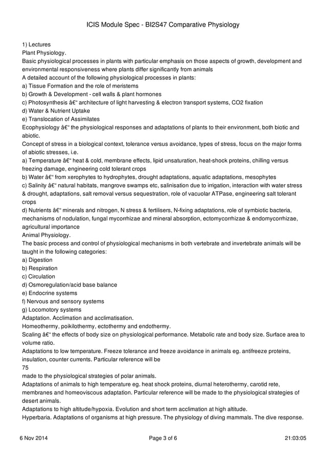 ICIS Module Spec - BI2S47 Comparative Physiology | PDF