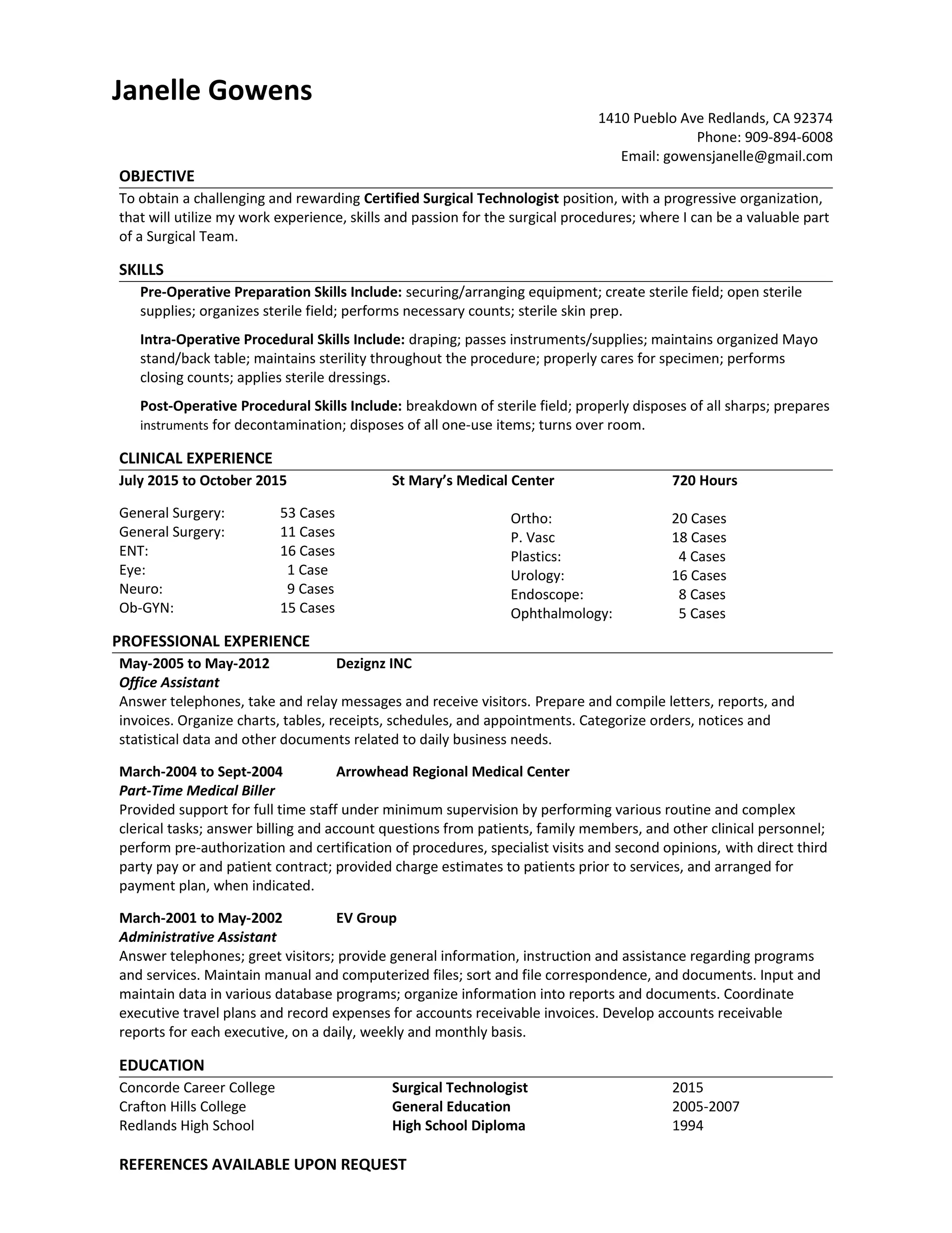 Janelle Gowens CST Resume | DOC | Surgery | Medical Health