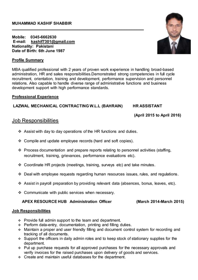 MUHAMMAD KASHIF SHABBIR (HR ASSISTANT CV) | DOCX | Human Resources | Business