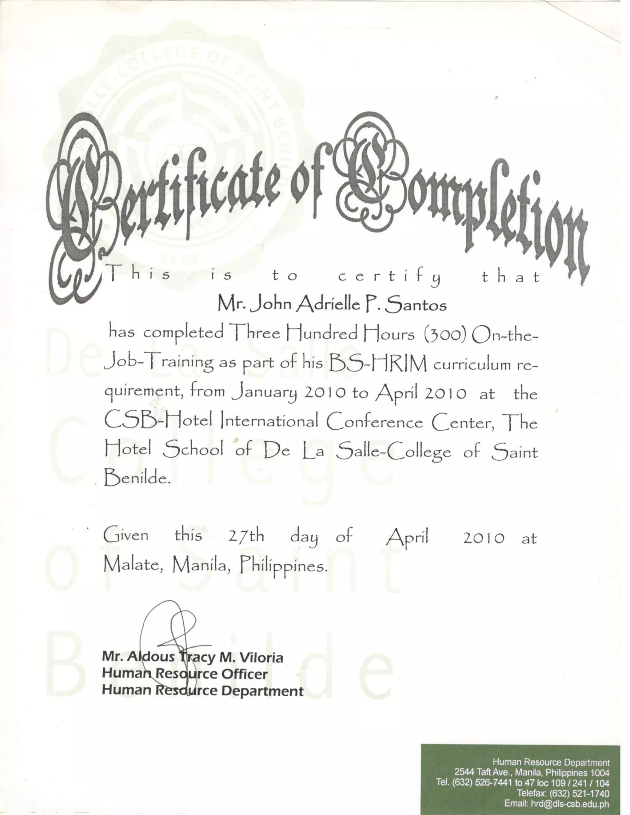 CSB - OJT certificate 300hrs | PDF