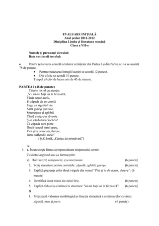 0 evaluare initiala_vii romana | PDF