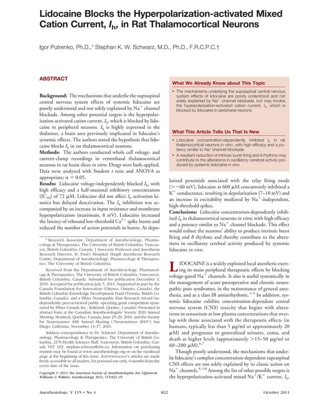 Lidocaine Blocks The Hyperpolarization Activated Mixed Cation Current I H In Rat