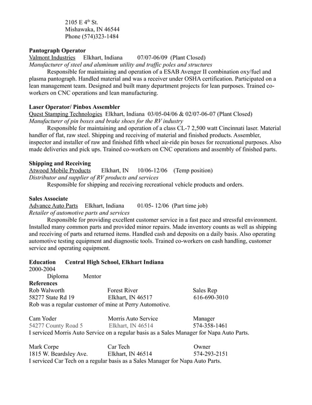 Jesse Ernsbergers resume | ODT | Manufacturing Industry | Industries