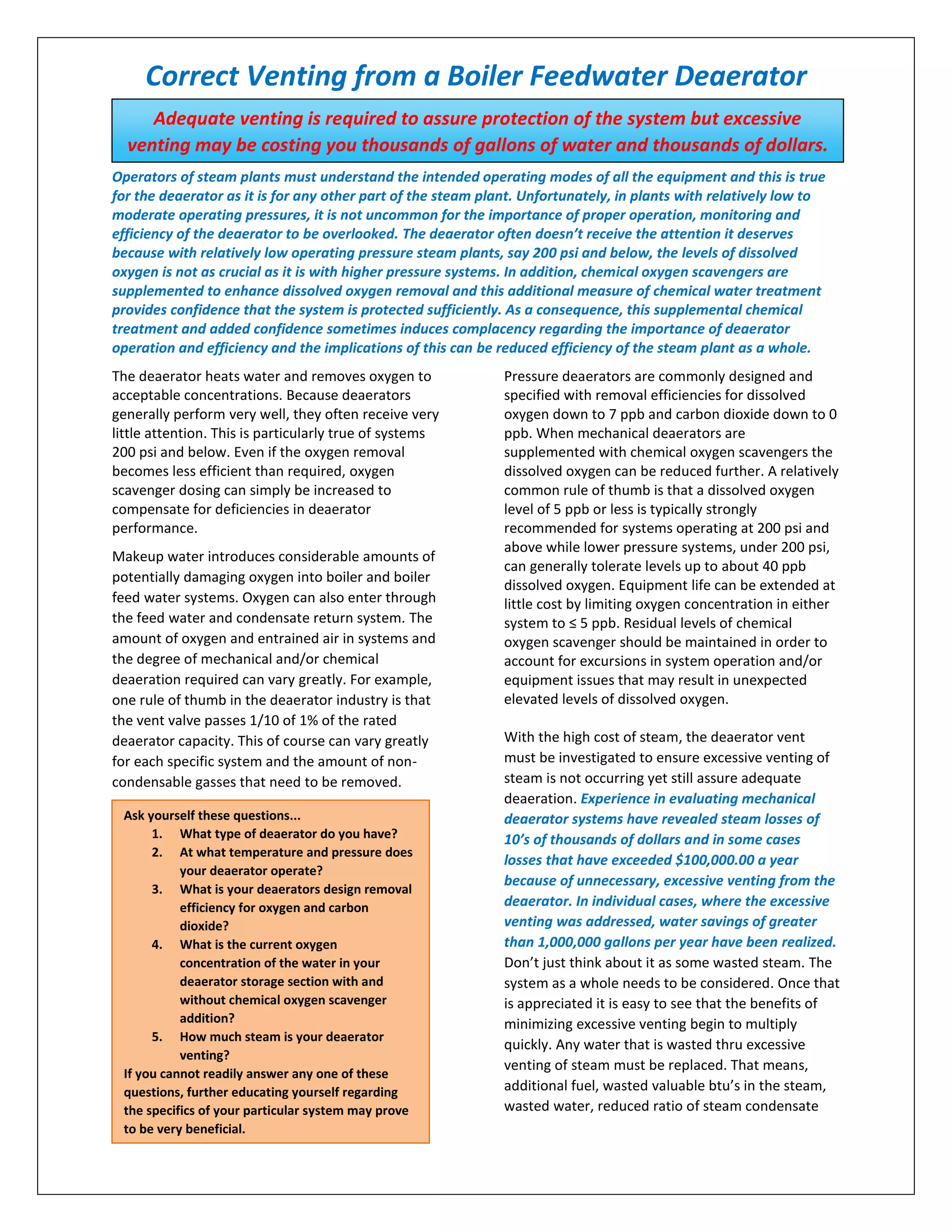 Correct Venting from a Boiler Feedwater Deaerator | PDF